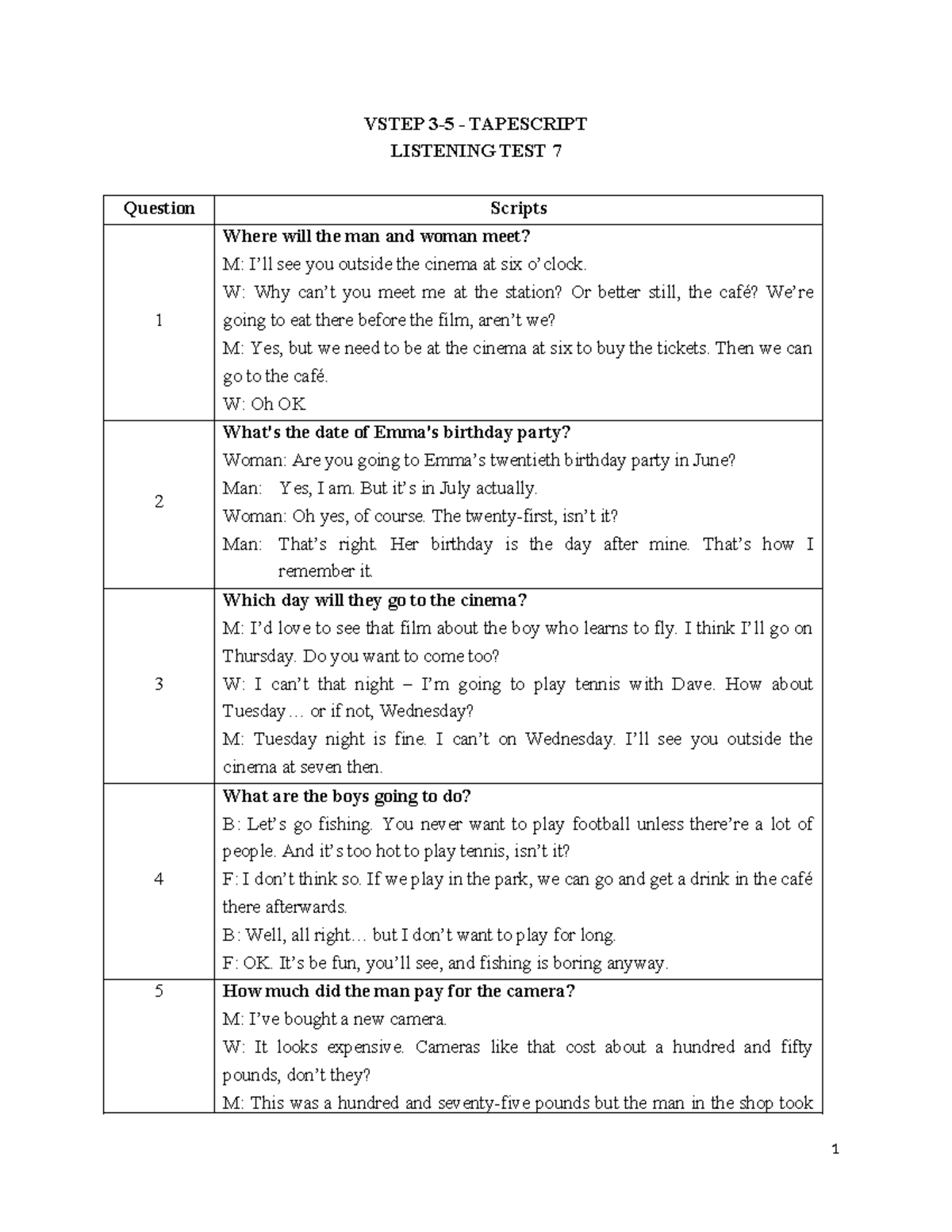 VSTEP Listening Test 7: Tapescript and Question Scripts - Studocu
