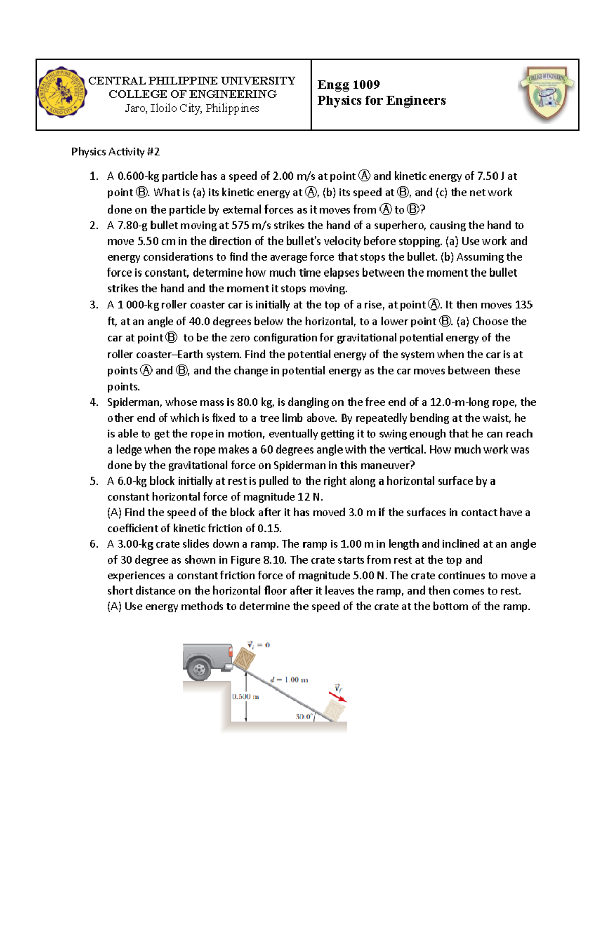 Physics Problems Sample Prob - CENTRAL PHILIPPINE UNIVERSITY COLLEGE OF ...