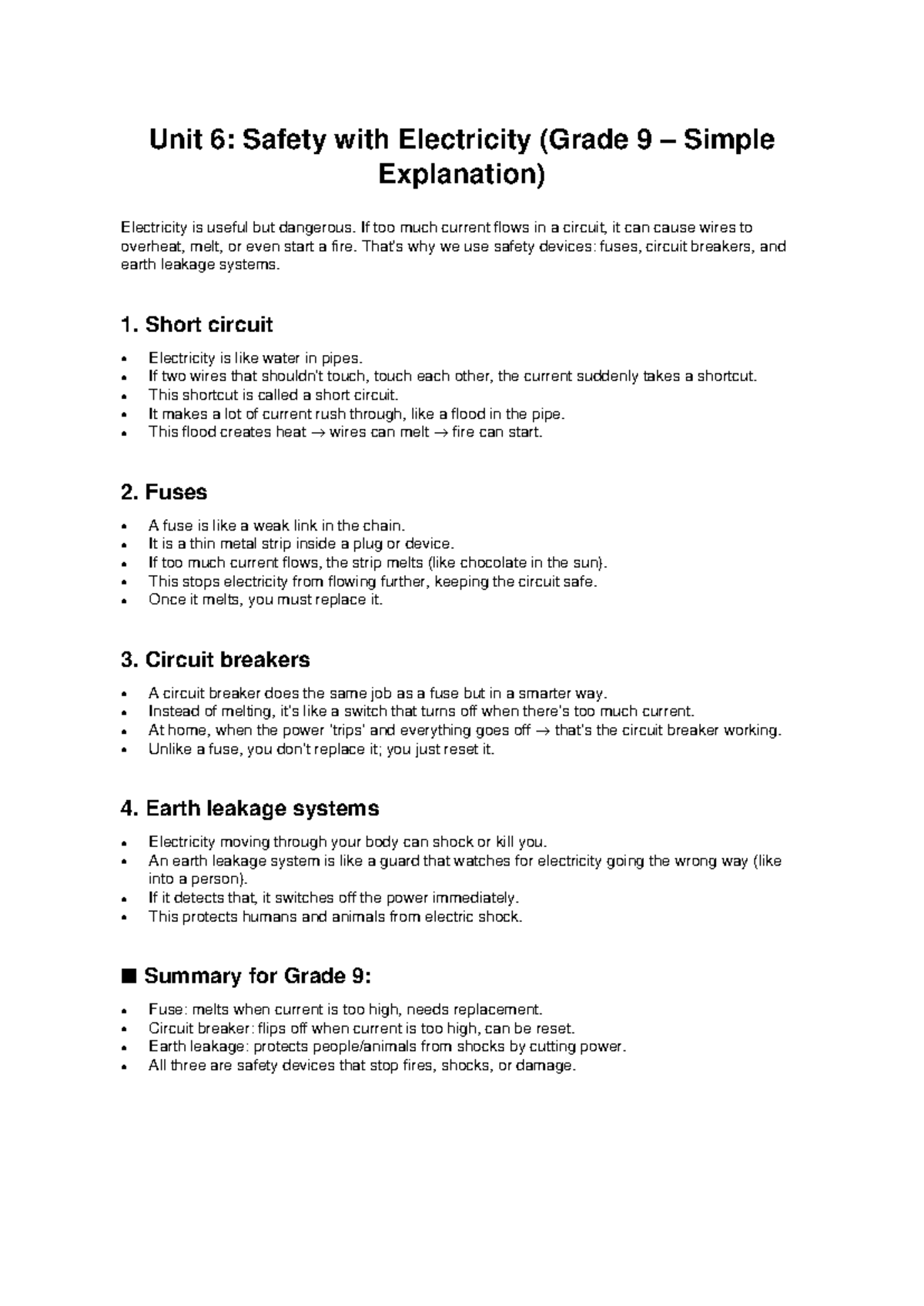 Unit 6: Safety with Electricity - Grade 9 Overview and Key Concepts ...