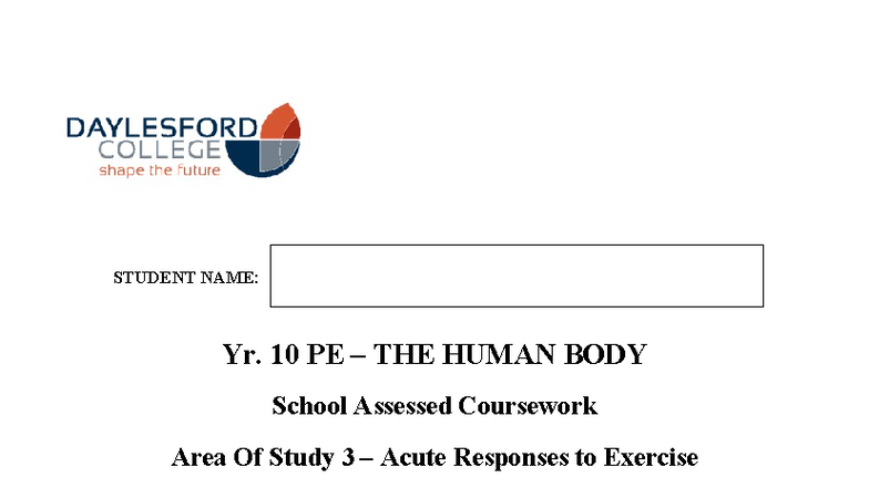 AOS3 SAC: Acute Responses to Exercise - Yr 10 PE Exam Guide - Studocu