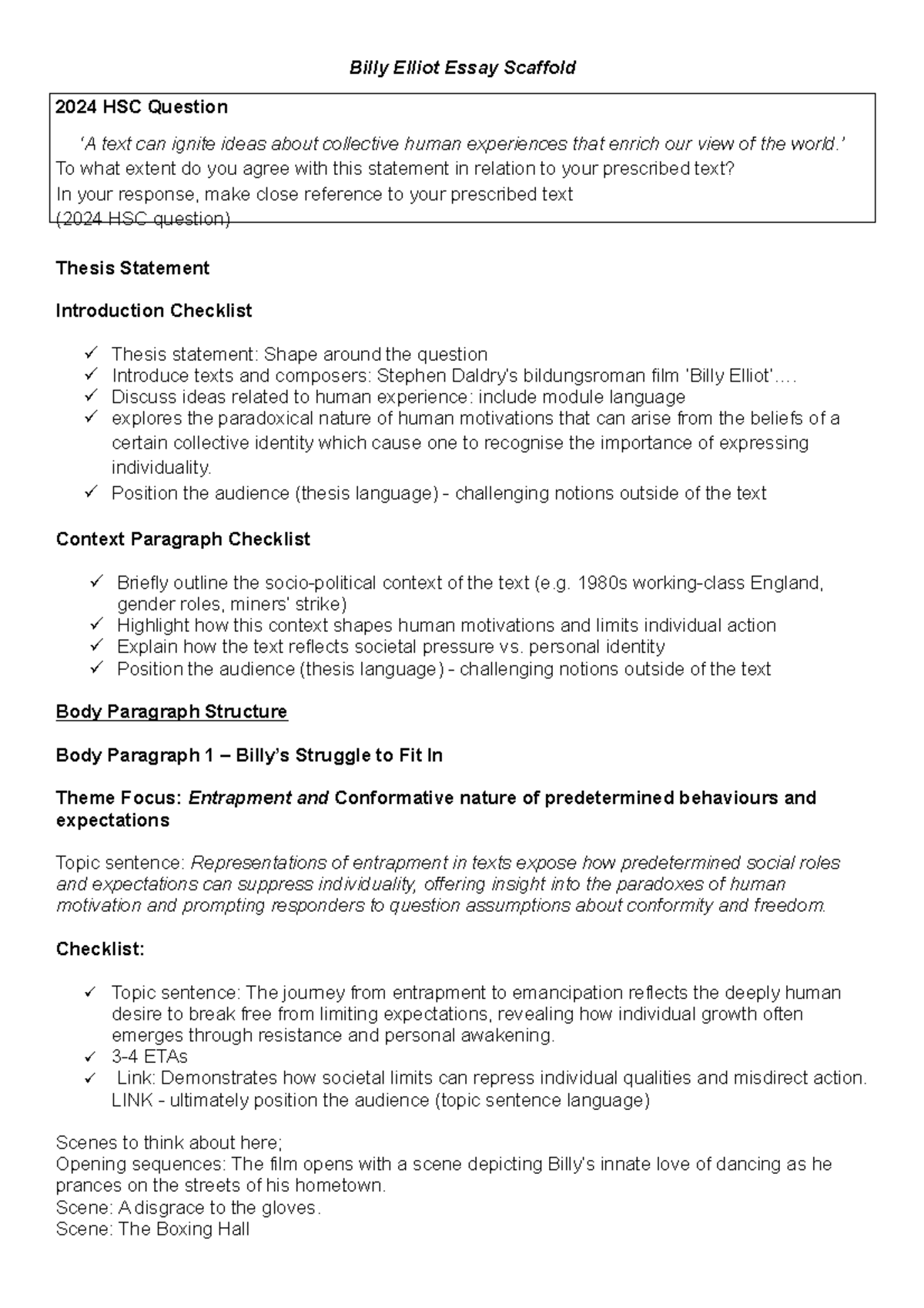 Billy Elliot Essay Scaffold 2024 HSC: Exploring Human Experience - Studocu