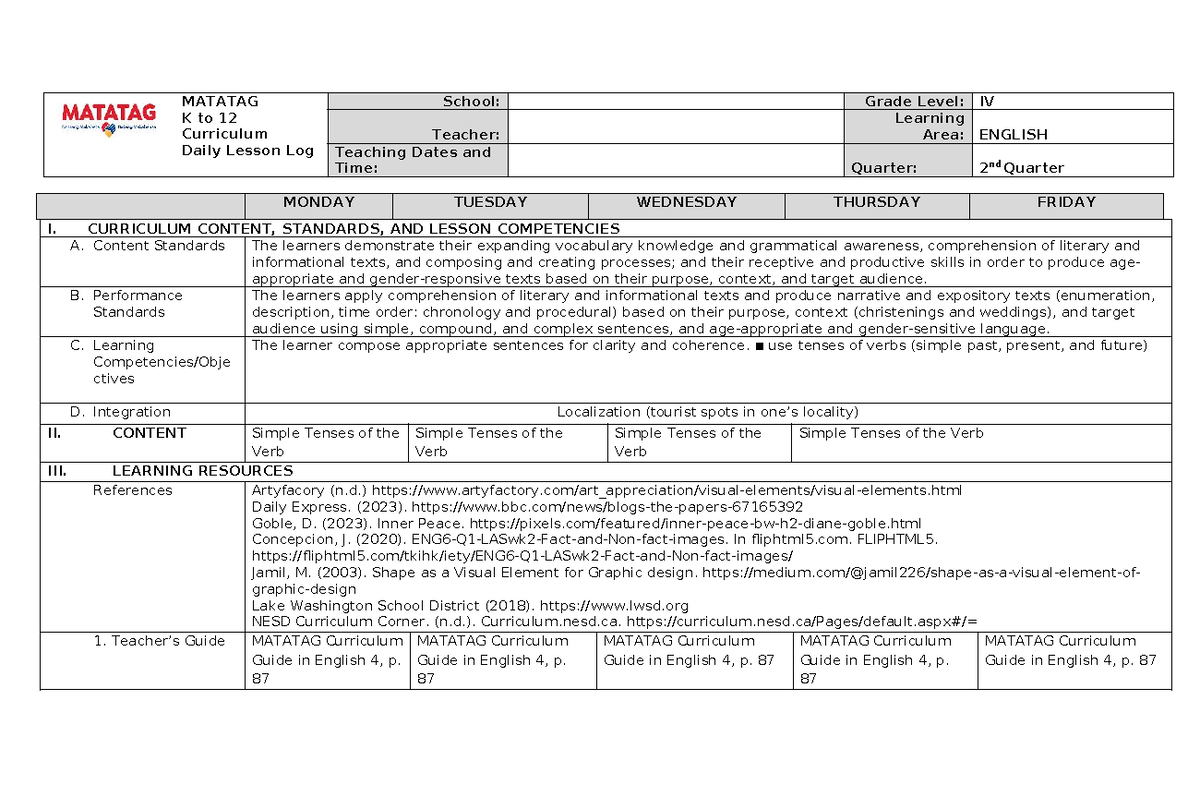 DLL English G4 Q2 W7: Daily Lesson Log on Simple Tenses - Studocu