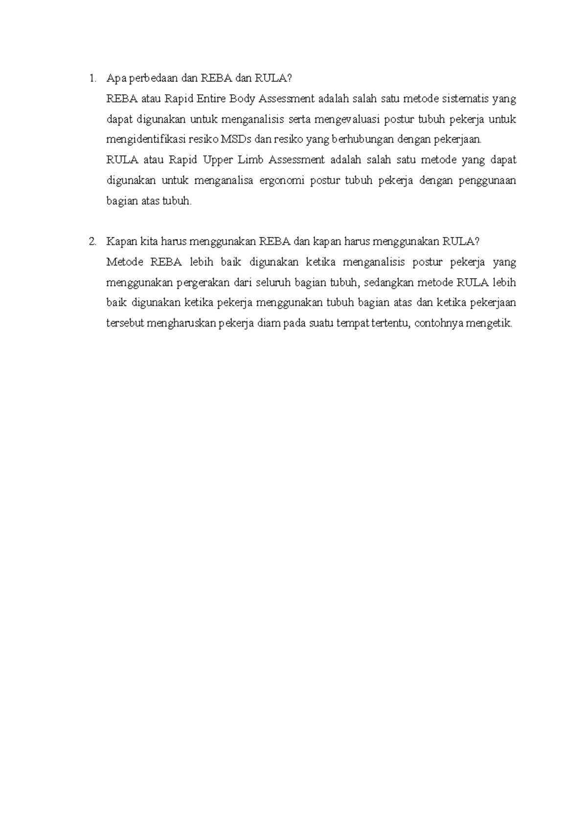 Perancangan Sistem Kerja Ergonomi 4: REBA vs RULA Analisis Postur - Studocu