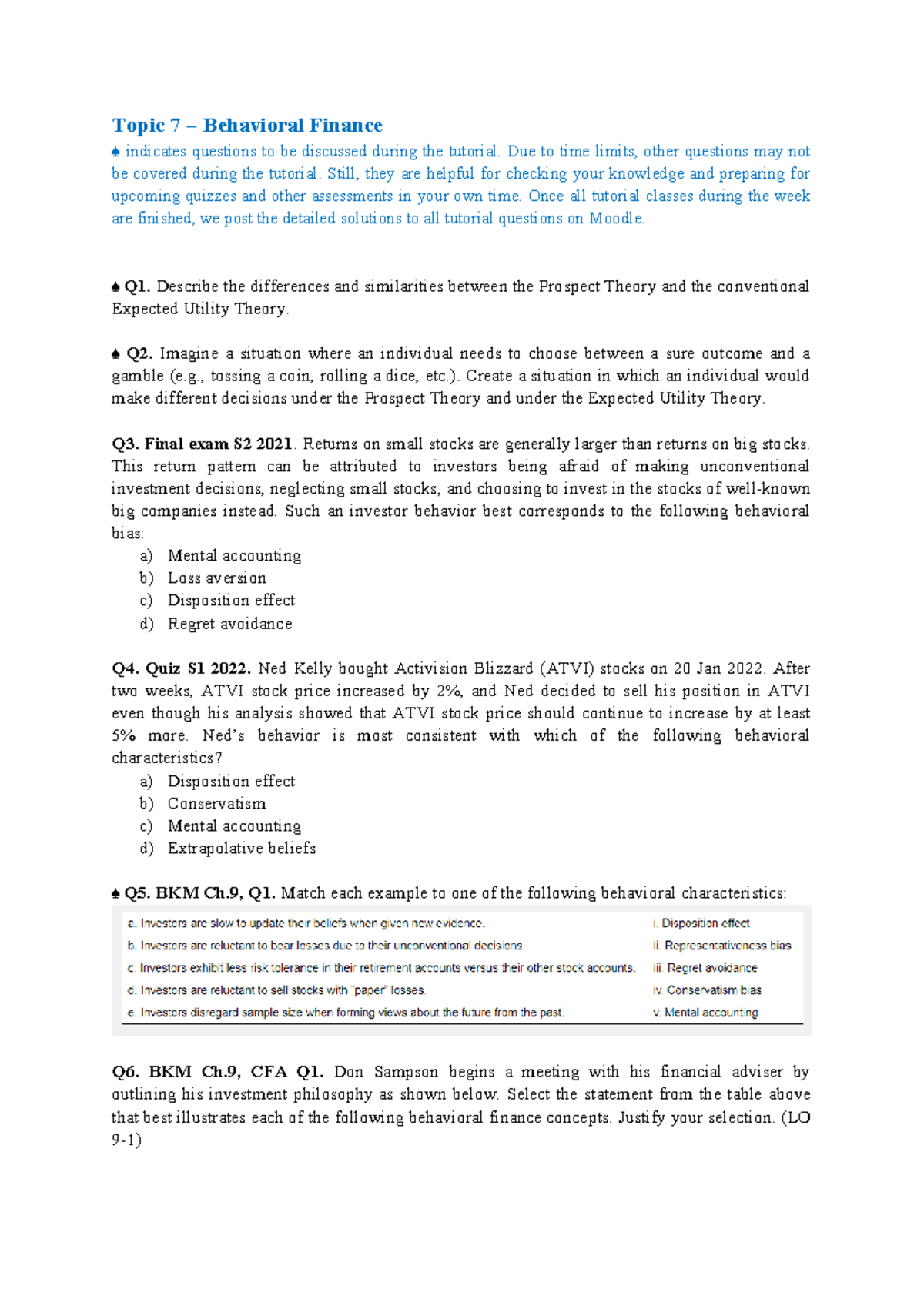 Tutorial 7 Questions on Behavioral Finance: Key Concepts & Exam Prep ...
