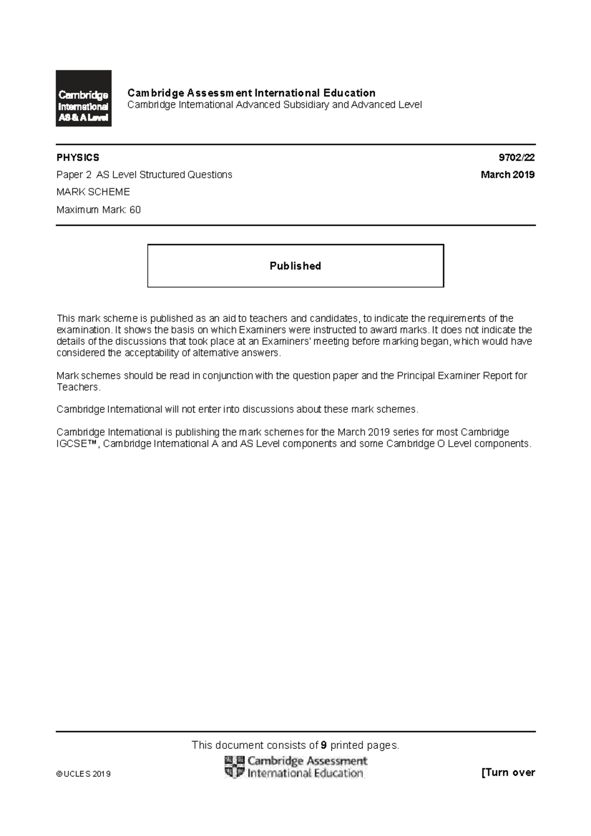Cambridge International A Level PHYSICS 9702 Mark Scheme March 2019 ...