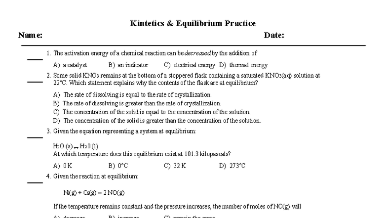 Kinetics Equilibrium Practice Questions and Answers - Studocu
