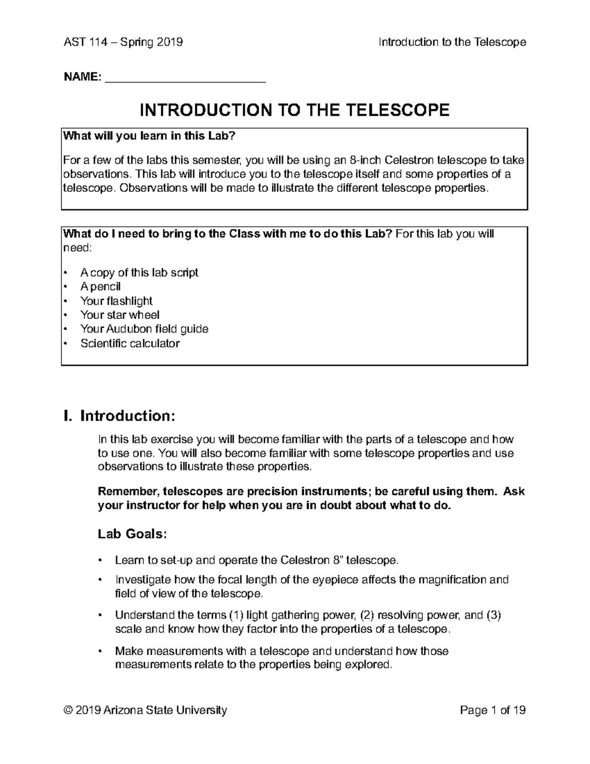 AST 114 Spring 2019 Lab: Introduction to the Telescope - Studocu