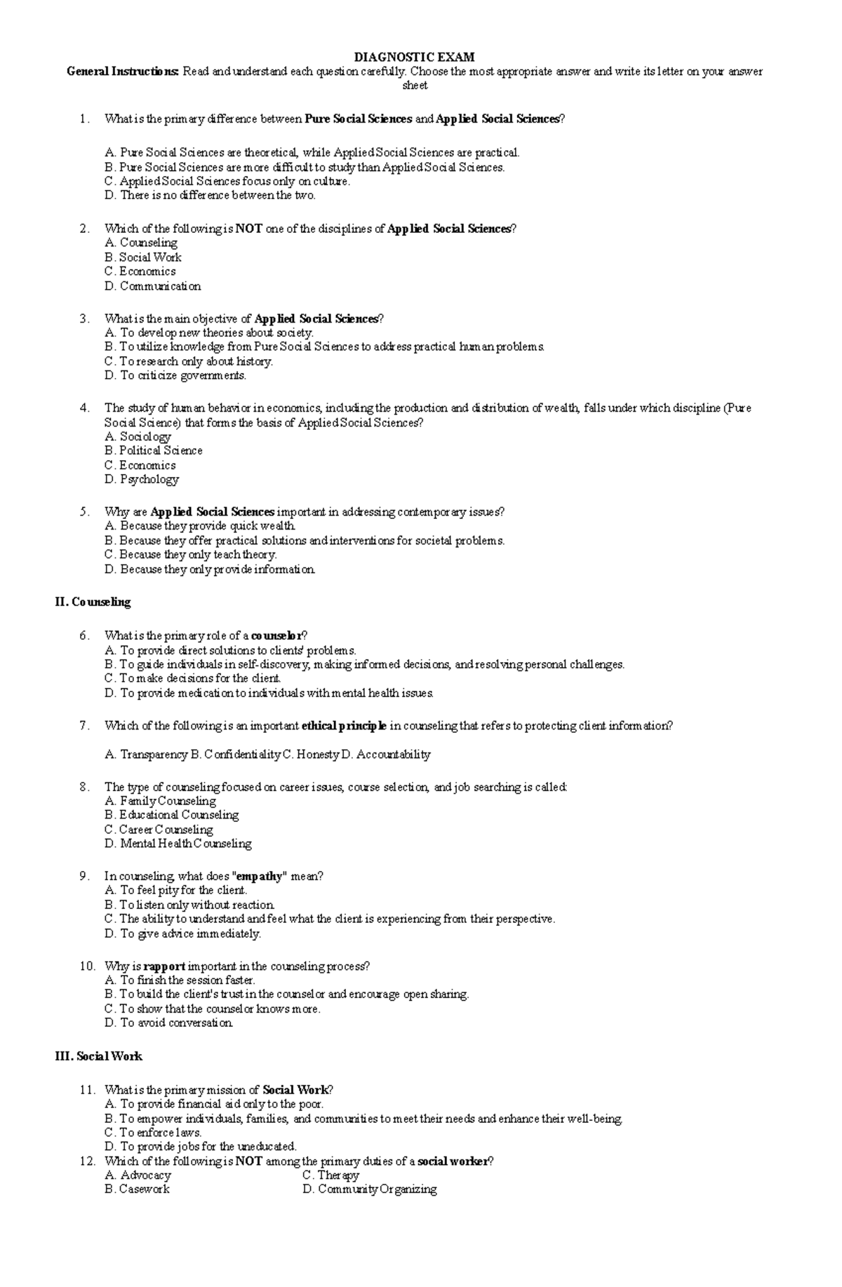 SOC 101: Diagnostic Exam on Social Sciences Concepts - Studocu