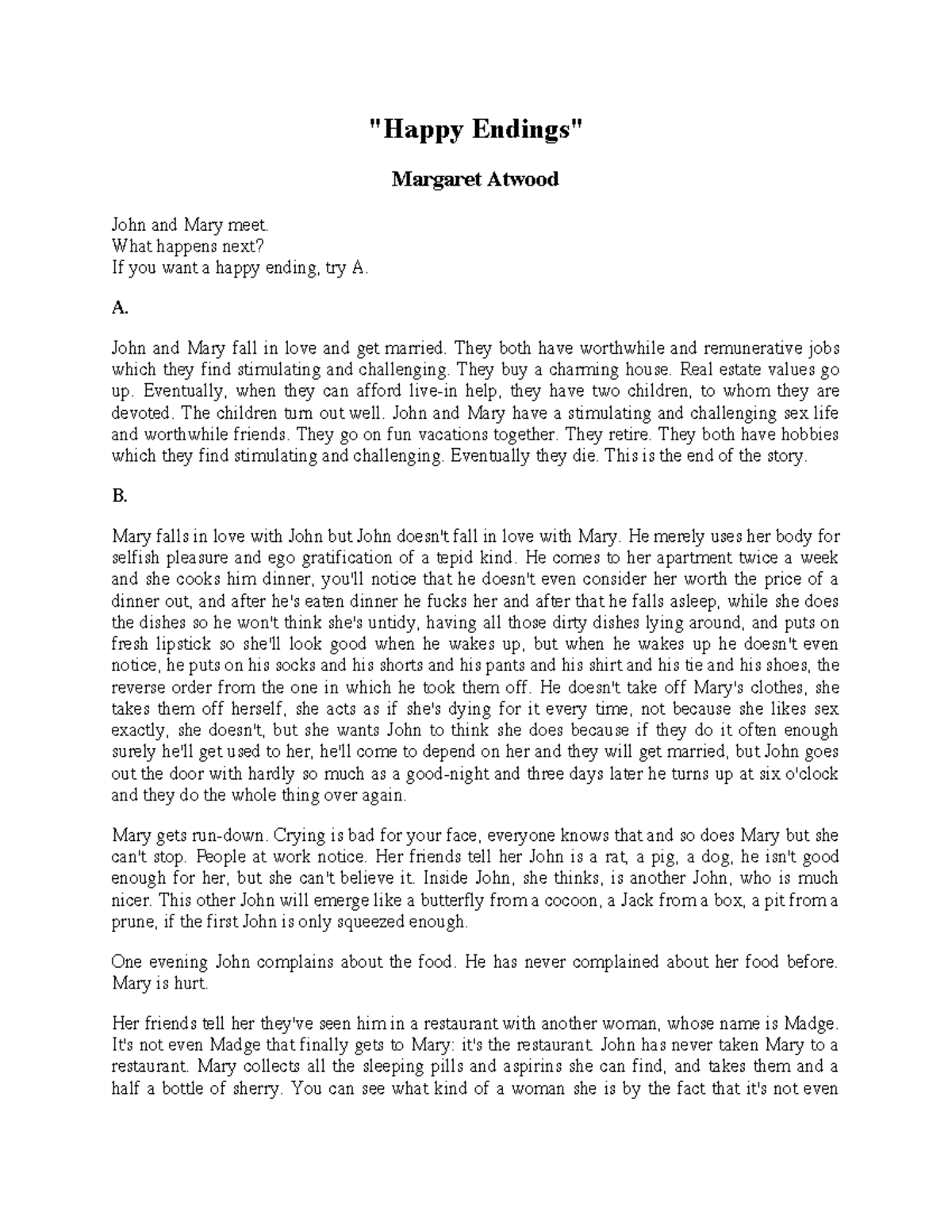 Happy Endings Analysis: A Study of Atwood's Narrative Techniques - Studocu