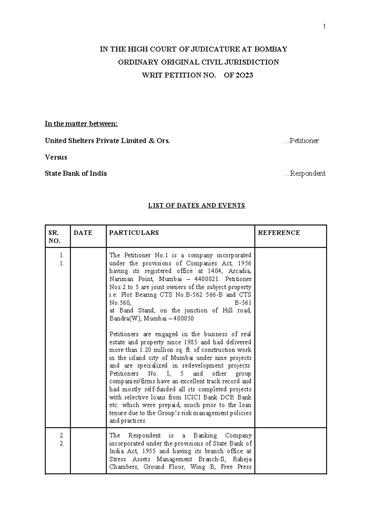 List of Key Dates and Events in Writ Petition No. 20/2023 - Studocu