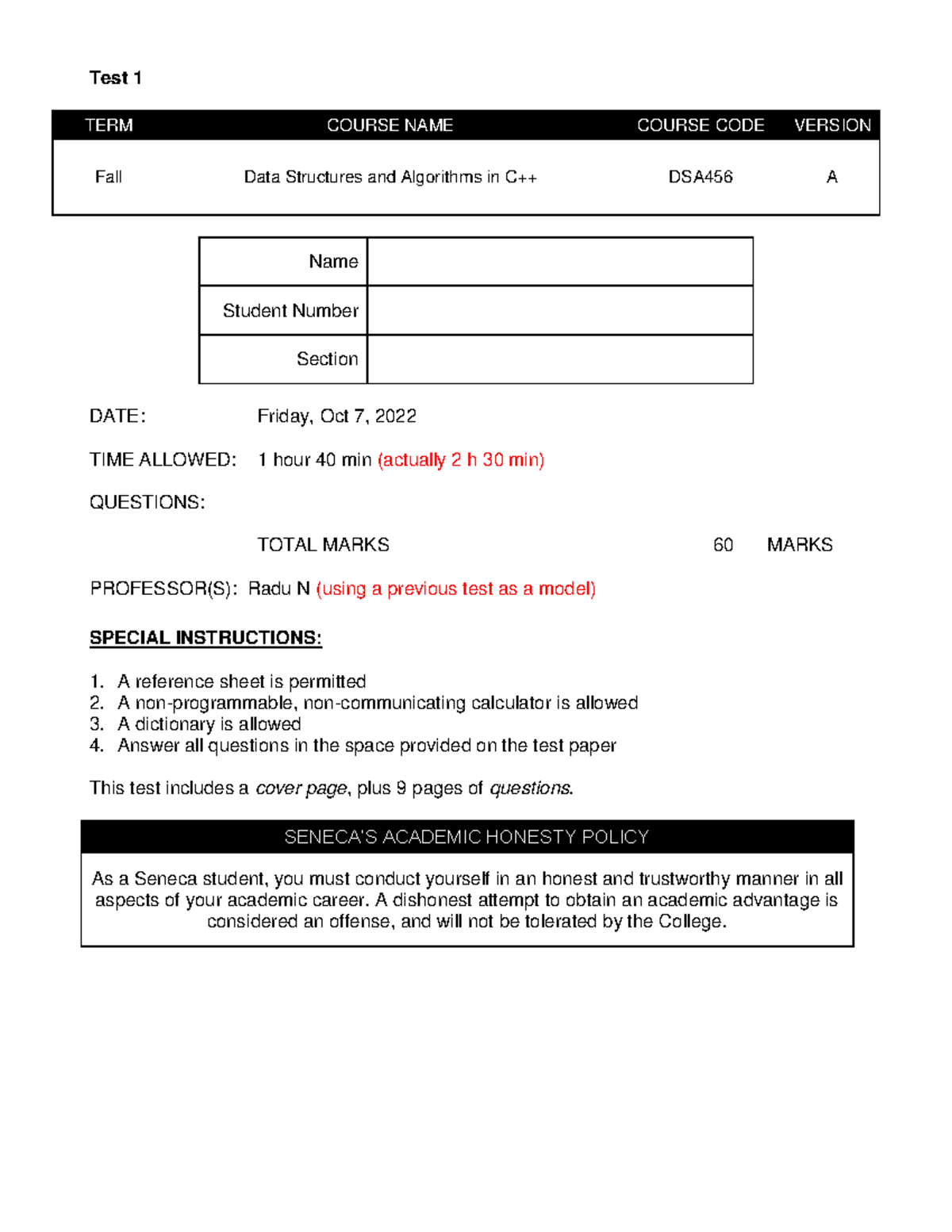 DSA456 Midterm Practice Exam with Prof. Radu - Fall 2022 - Studocu