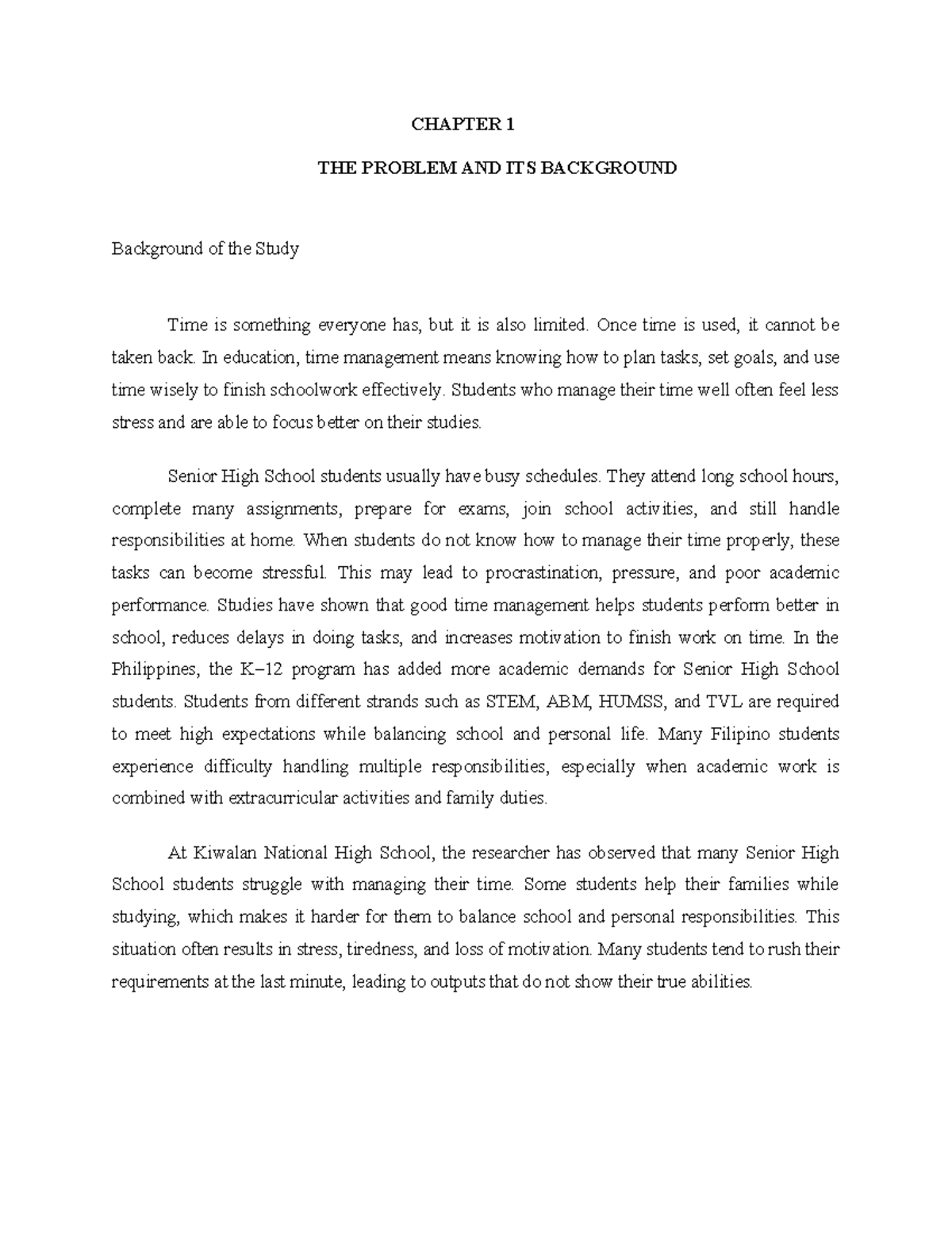 CHAPTER 1: TIME MANAGEMENT CHALLENGES OF SENIOR HIGH STUDENTS (ASA ...