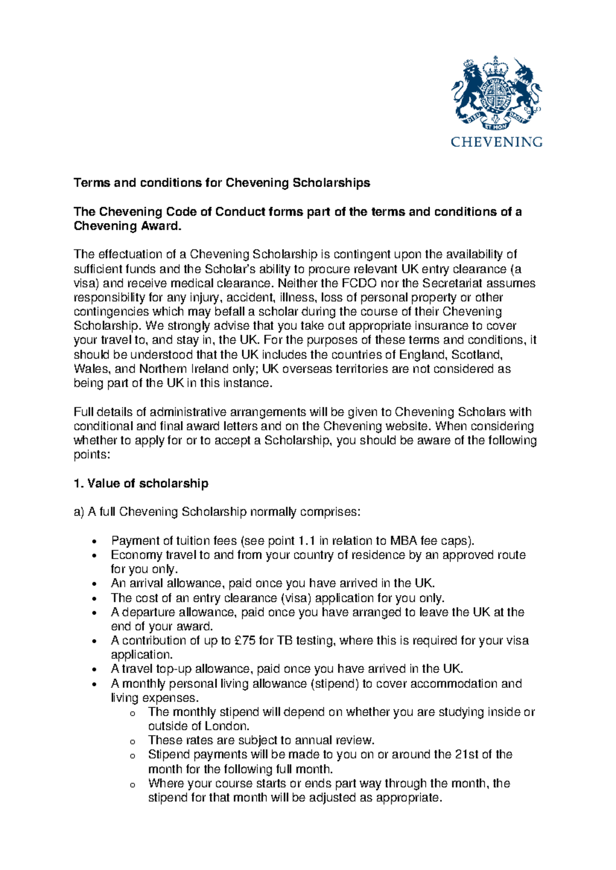 Chevening Scholarships: Terms and Conditions Overview - Studocu