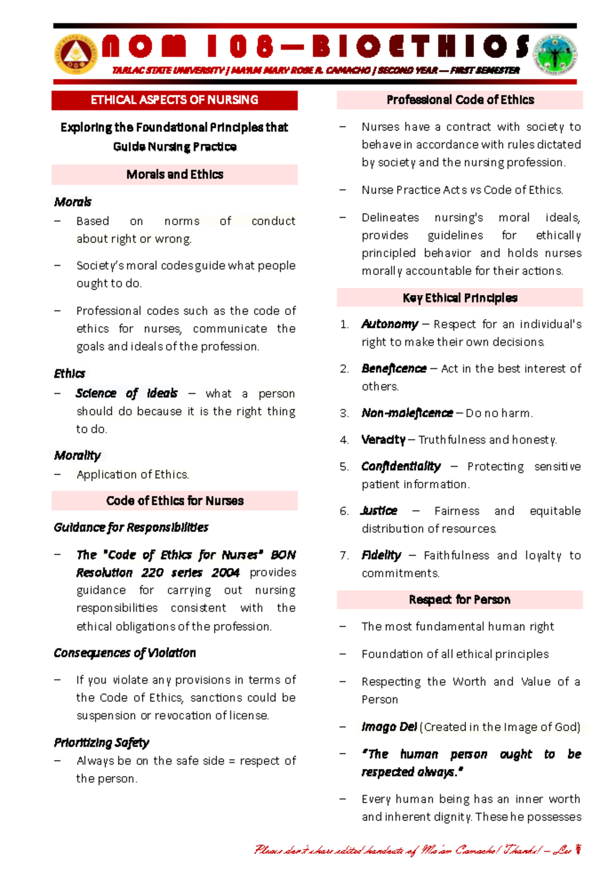 NCM 108 Bioethics - Ethical Principles in Nursing Practice - Studocu