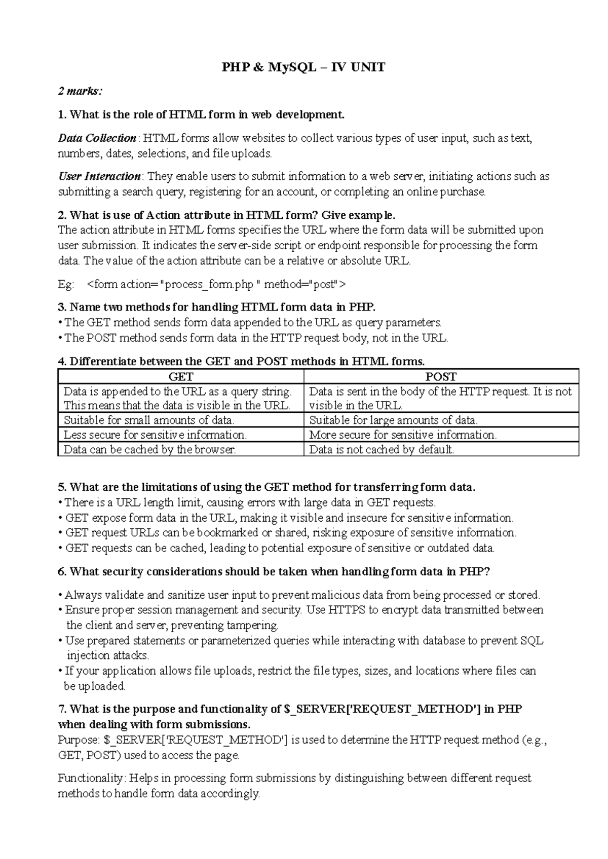 PHP - IV UNIT 2: HTML Forms and MySQL Integration Notes - Studocu