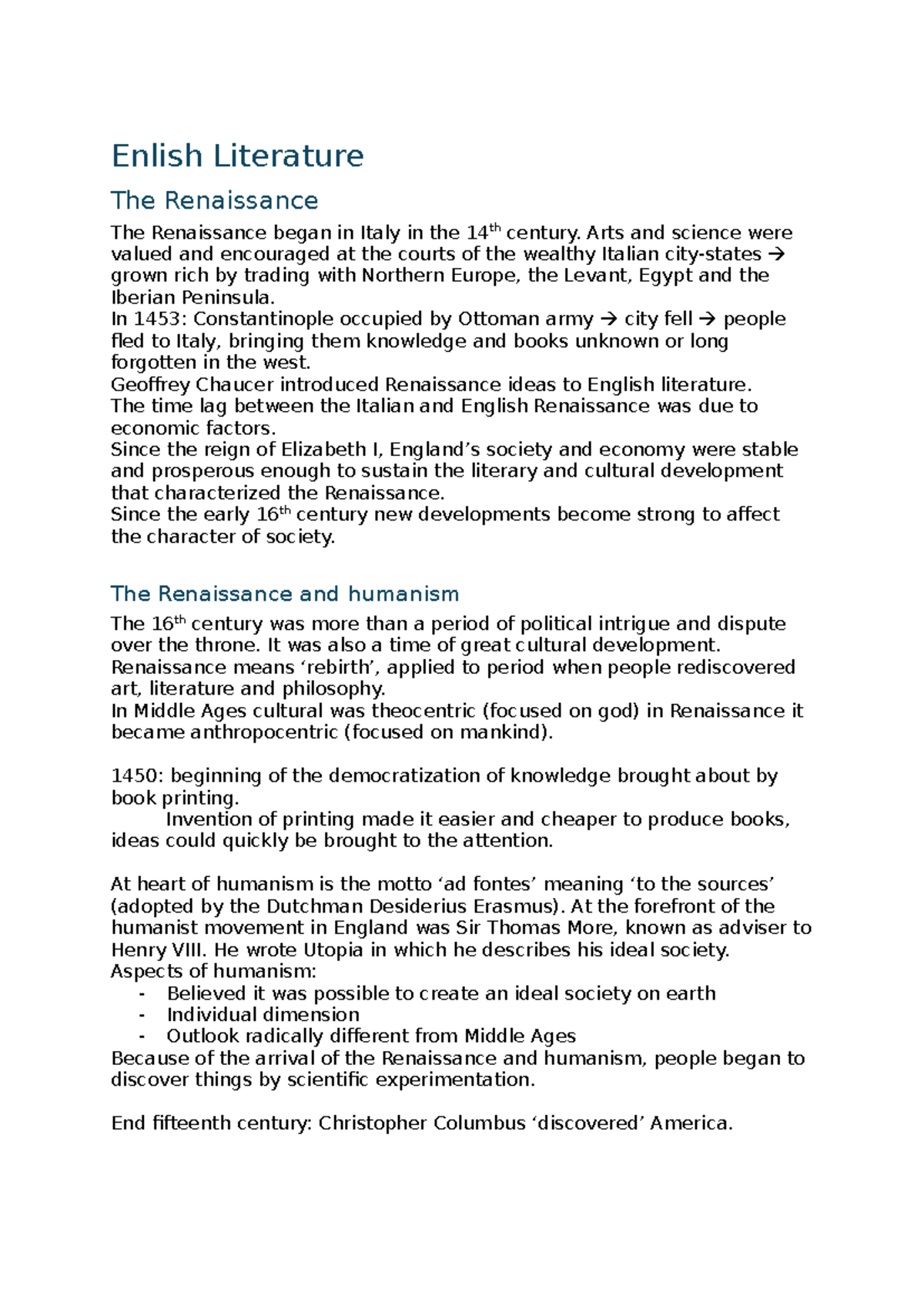 English Literature: The Renaissance Era and Its Impact - Studeersnel