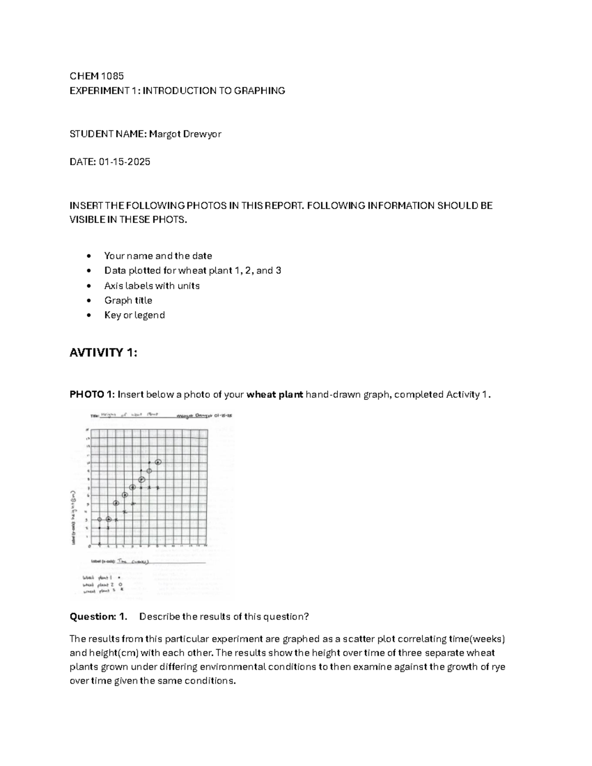 Experiment 1- Lab report - CHEM 1085 EXPERIMENT 1: INTRODUCTION TO ...
