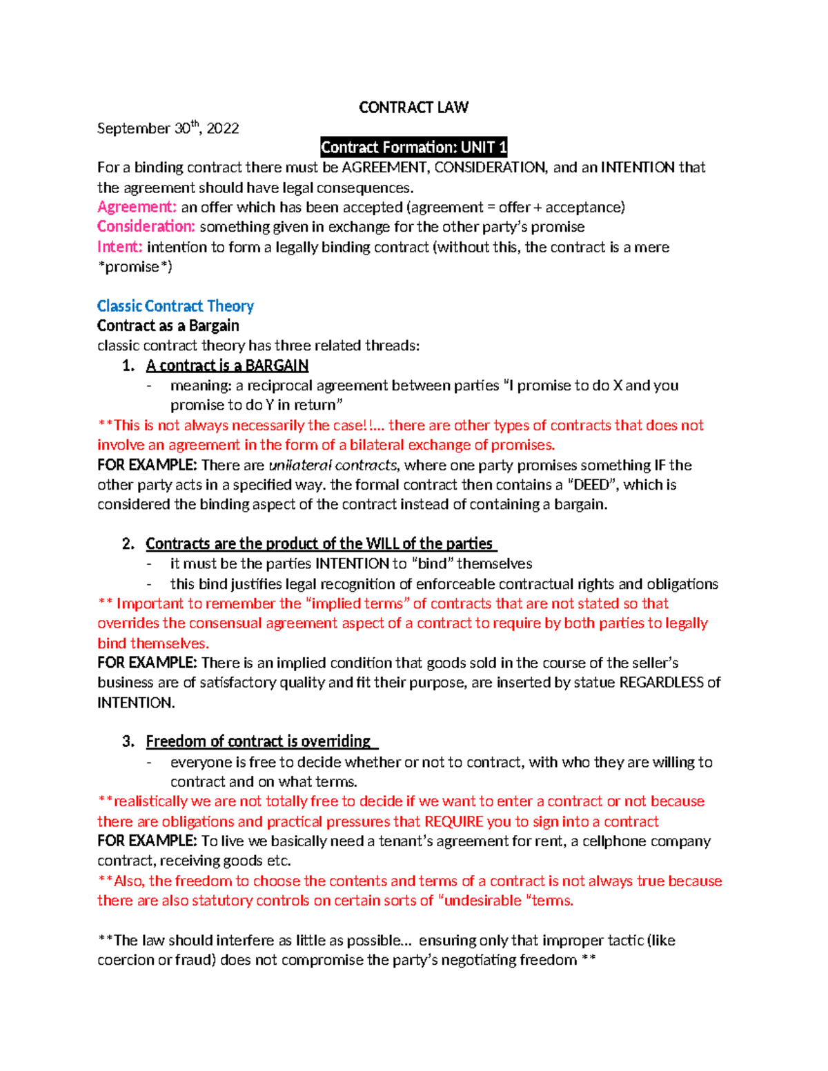 Contract Law Overview: Key Principles and Concepts for Study - Studocu