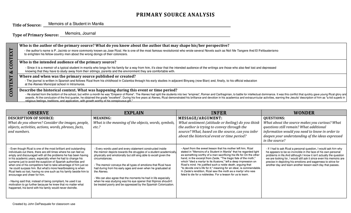 Analysis of "Memoirs of a Student in Manila" - P. Jacinto (Jose Rizal ...
