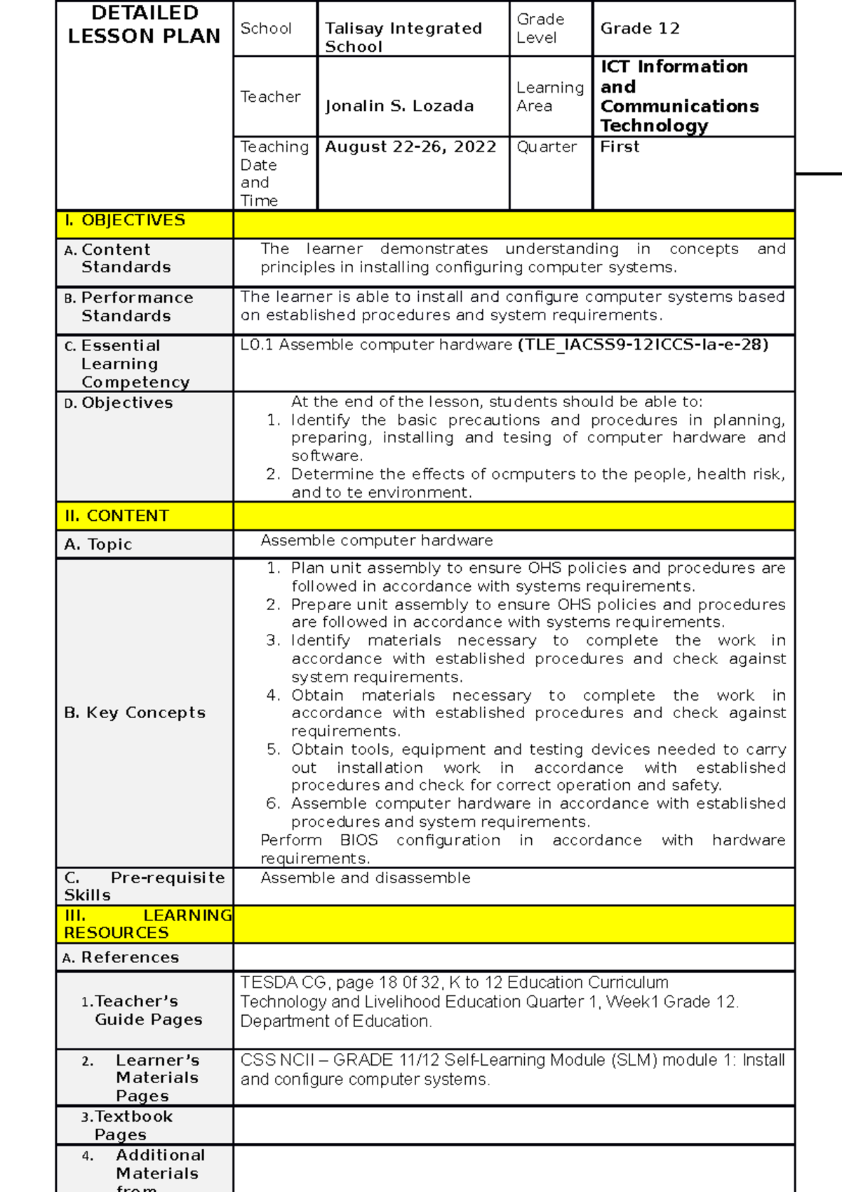 LP. ICT12 OHS - Detailed Lesson Plan for Computer Assembly in CSS12 - Studocu