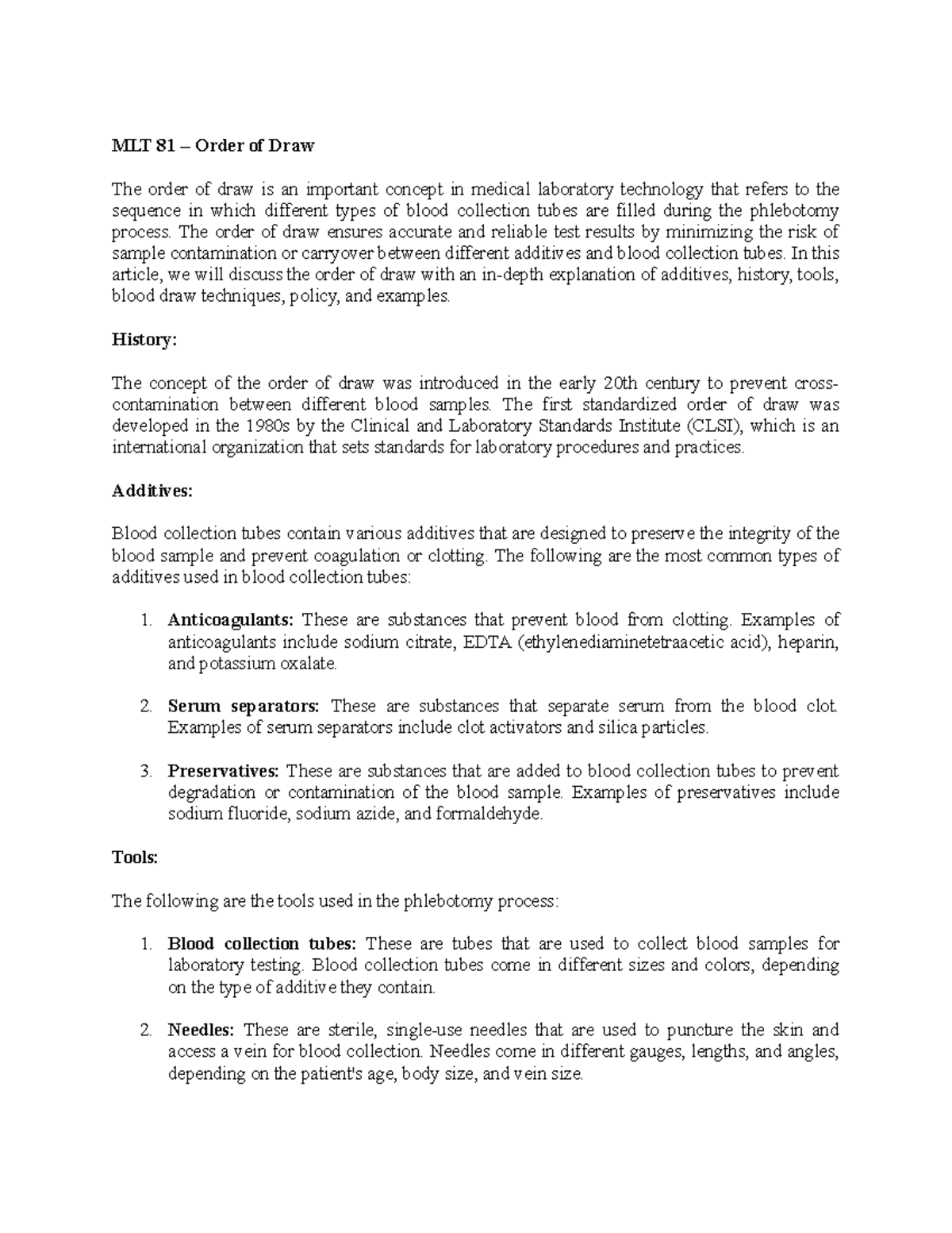 MLT 81 - Ultimate Guide to Order of Draw in Phlebotomy Procedures - Studocu
