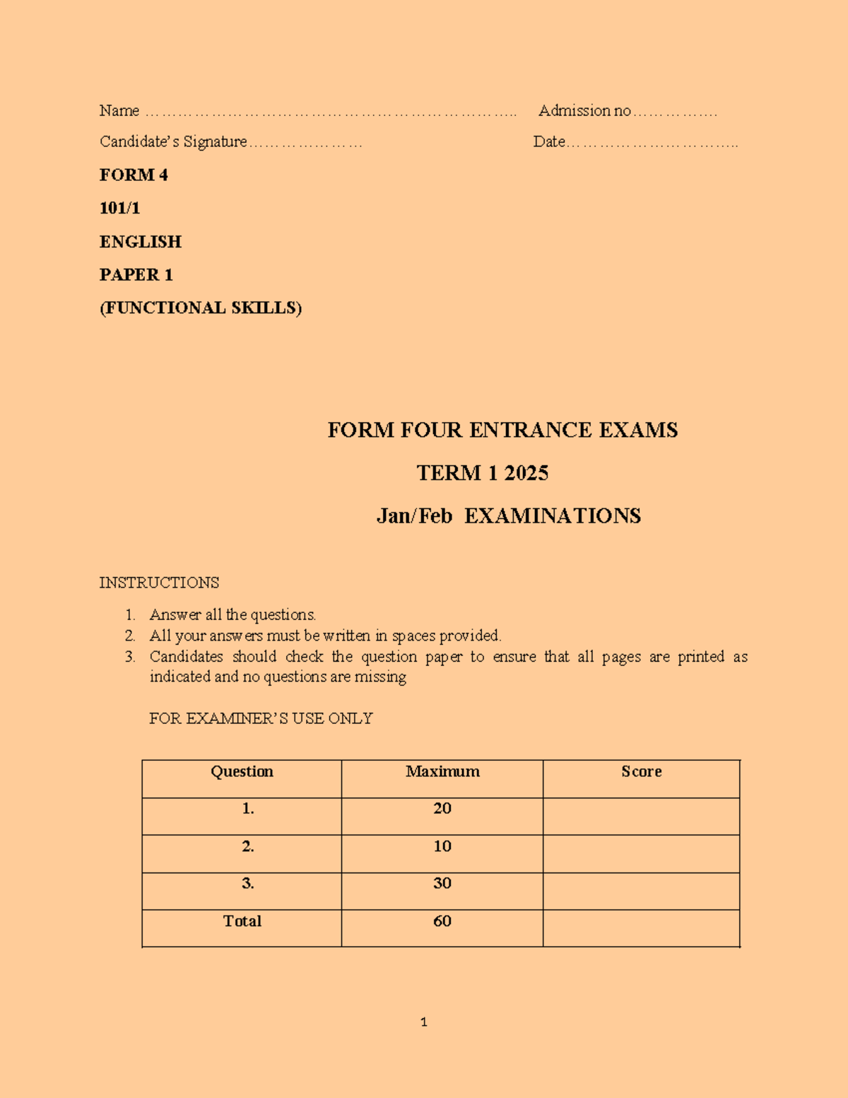 English F4 QS - Assessment test - Name - Studocu