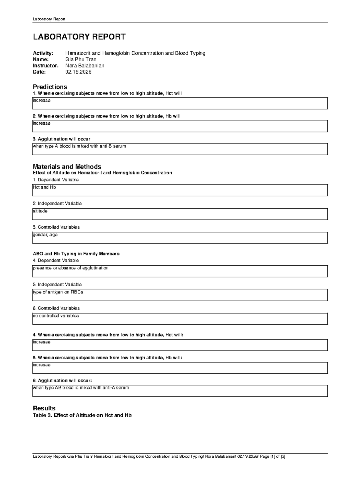 Laboratory Report: Hematocrit, Hemoglobin, and Blood Typing (046040 ...