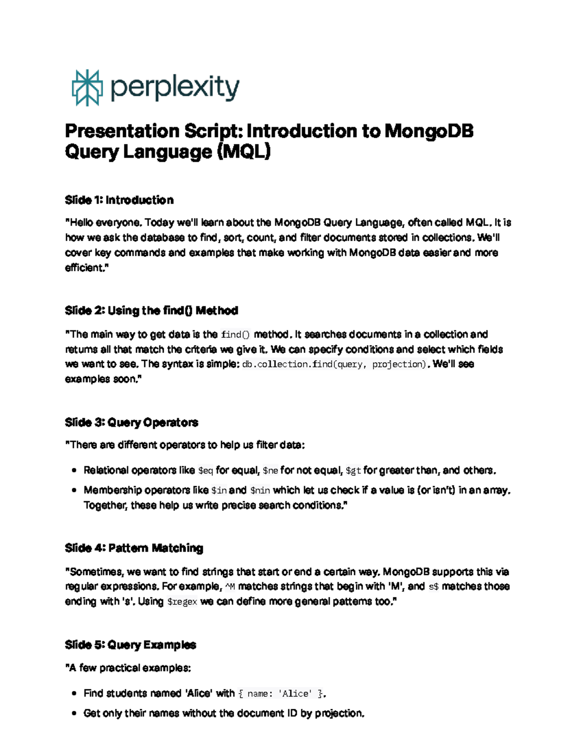 MQL Presentation Script: Mastering MongoDB Query Language Basics - Studocu