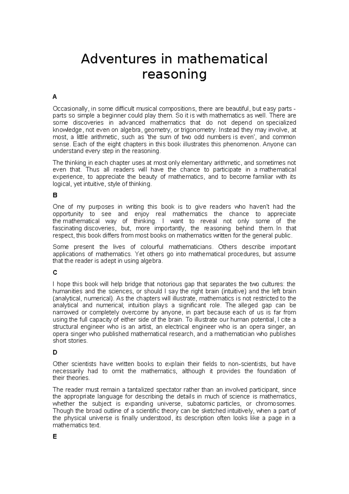 Adventures in Mathematical Reasoning: A R5 Handout 1 - Studocu