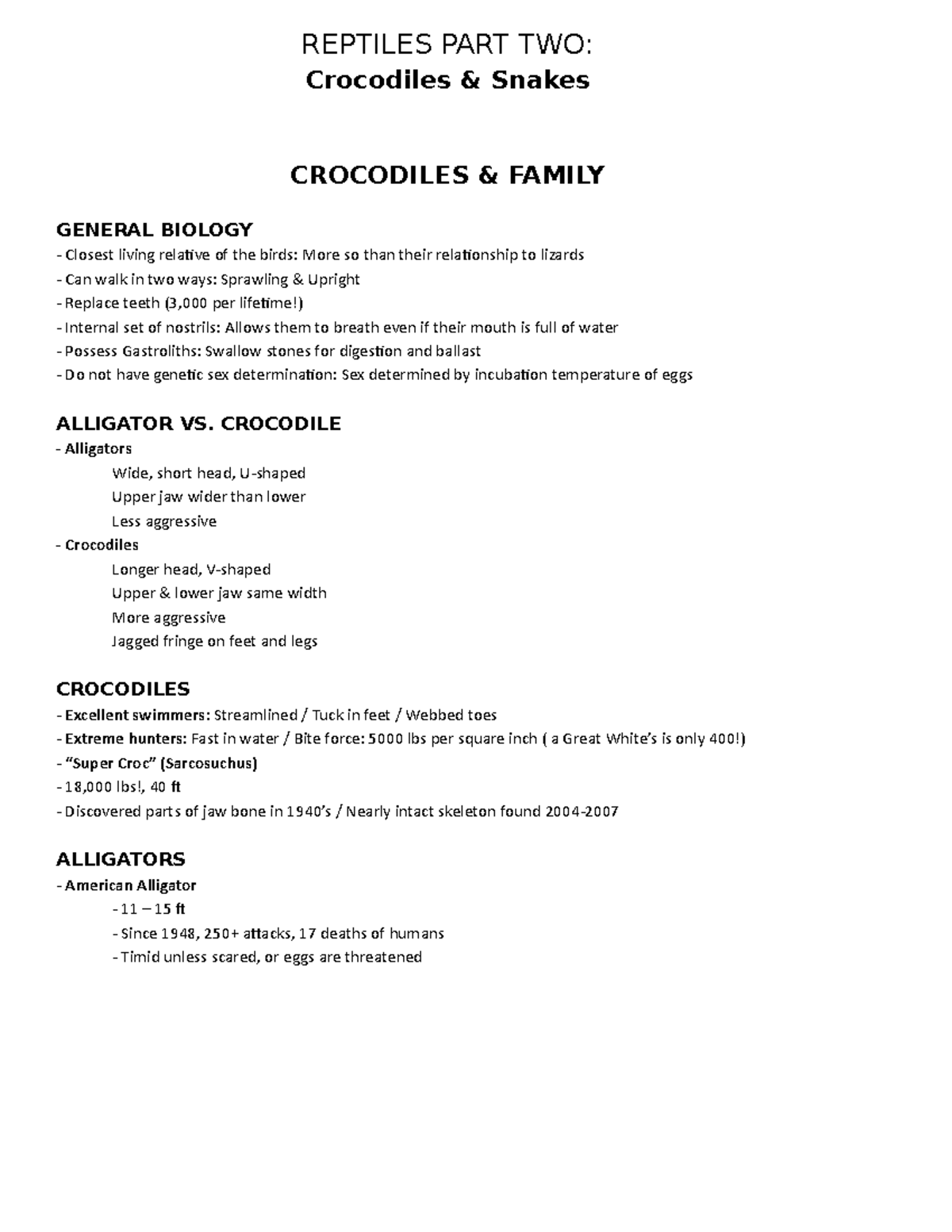 Reptiles II (BIOL 201) - Lecture Notes on Crocodiles and Snakes - Studocu
