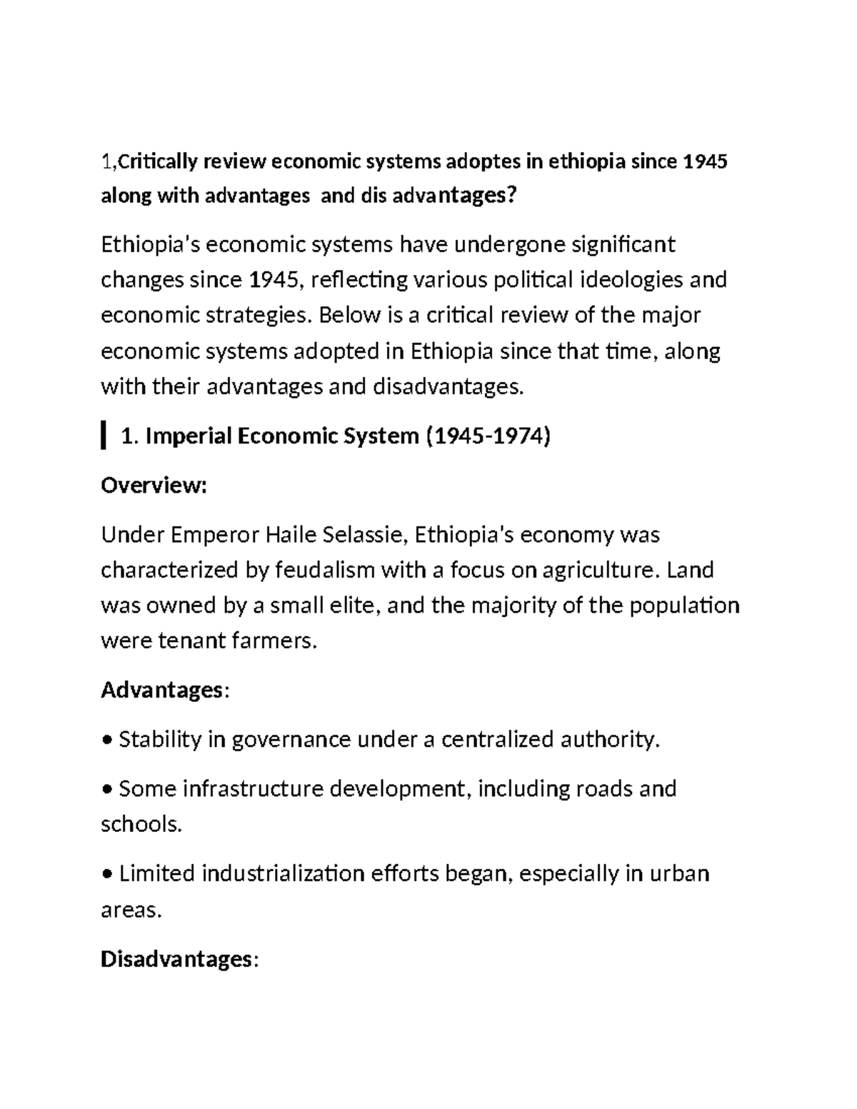 Critical Review of Economic Systems in Ethiopia Since 1945 - Eco 3 ...