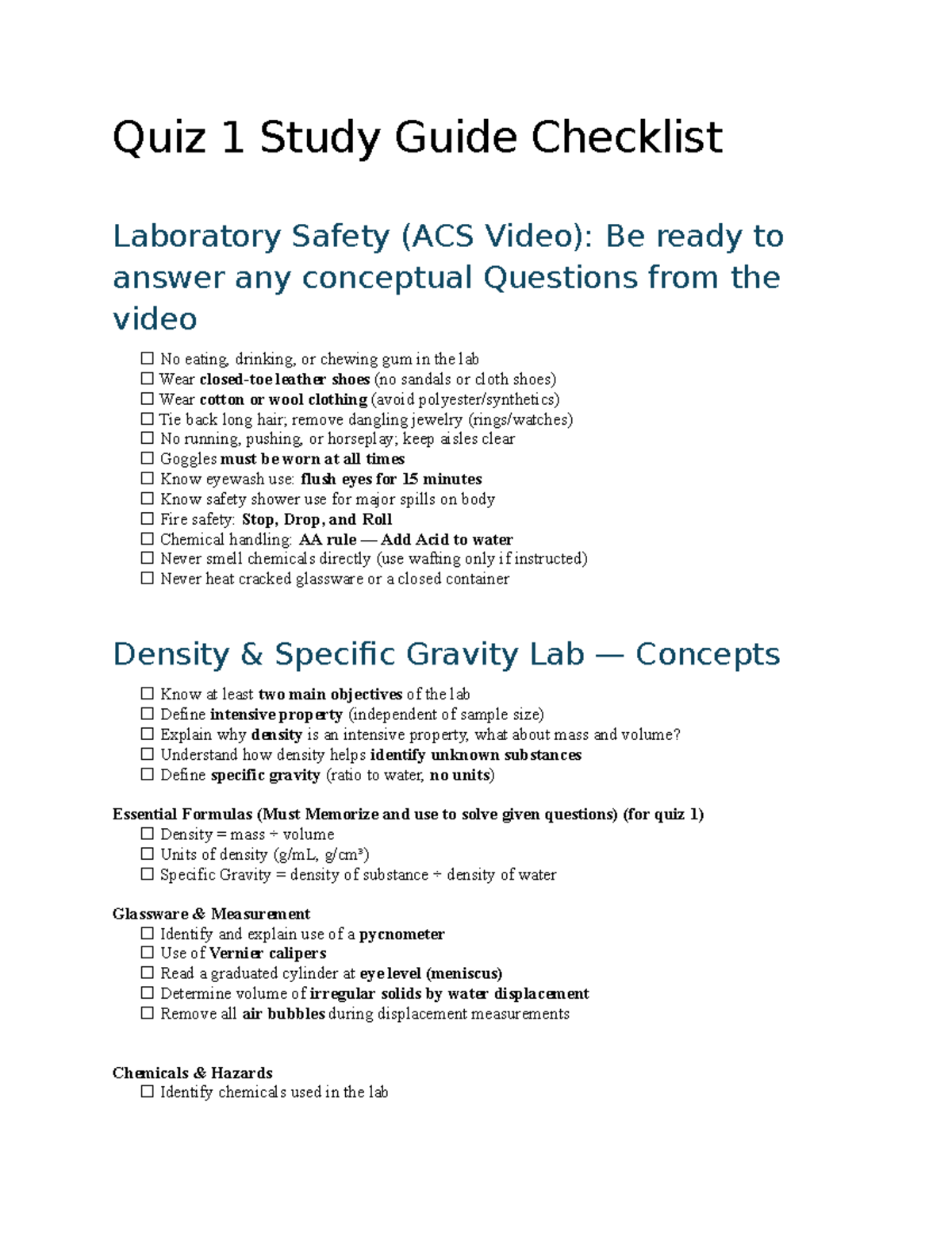 Quiz 1 Study Guide: Lab Safety & Density Concepts - Studocu