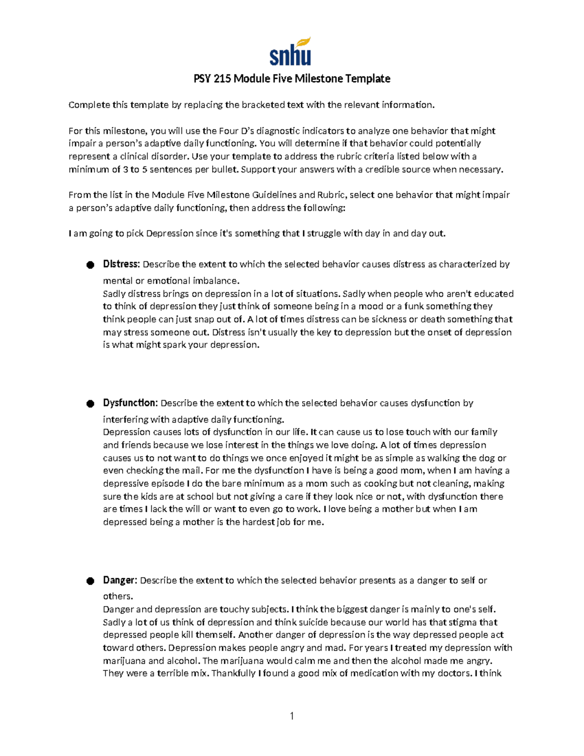 PSY 215 Module Five Milestone: Analyzing Depression through the Four D ...