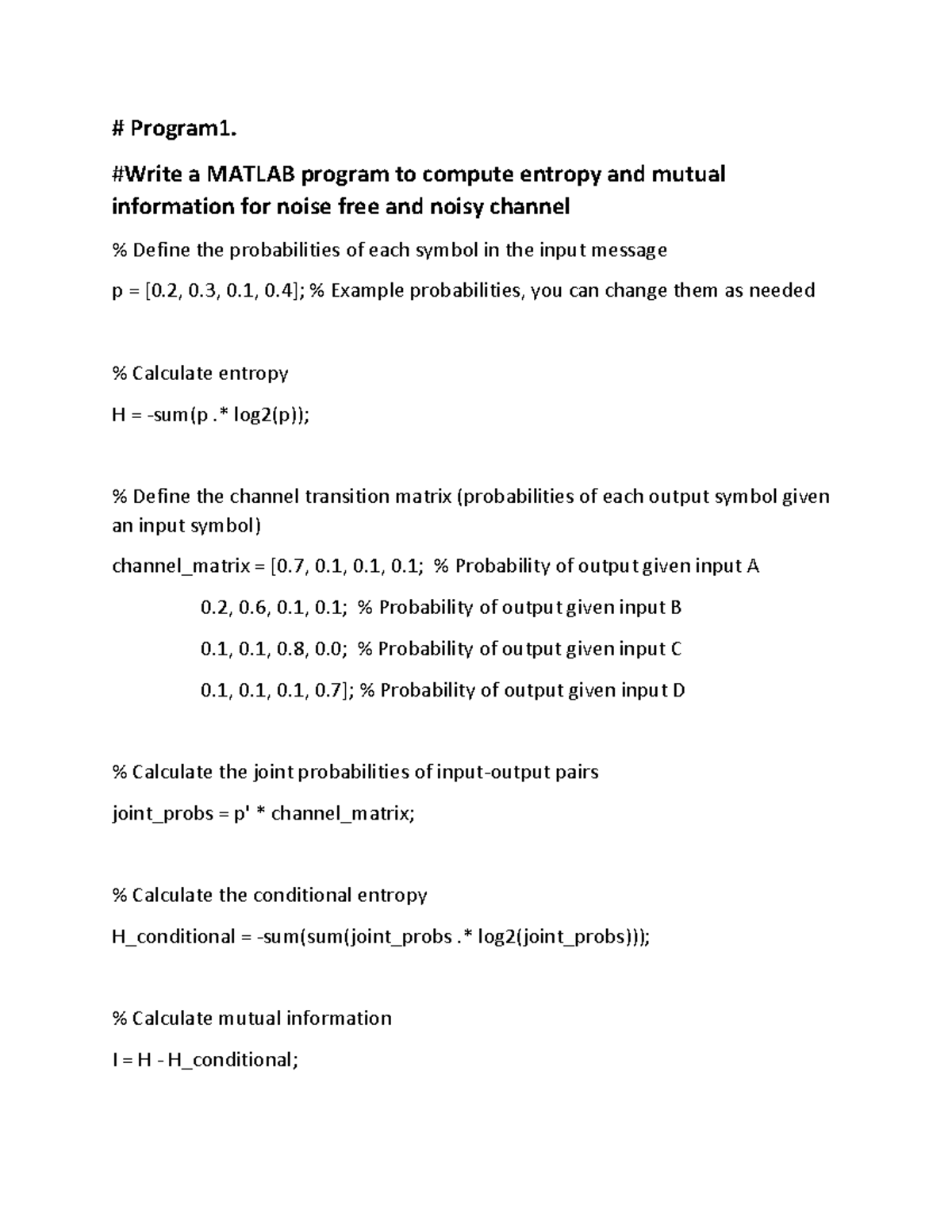 ITC lab manual: MATLAB Programs for Entropy & Code Design - Studocu