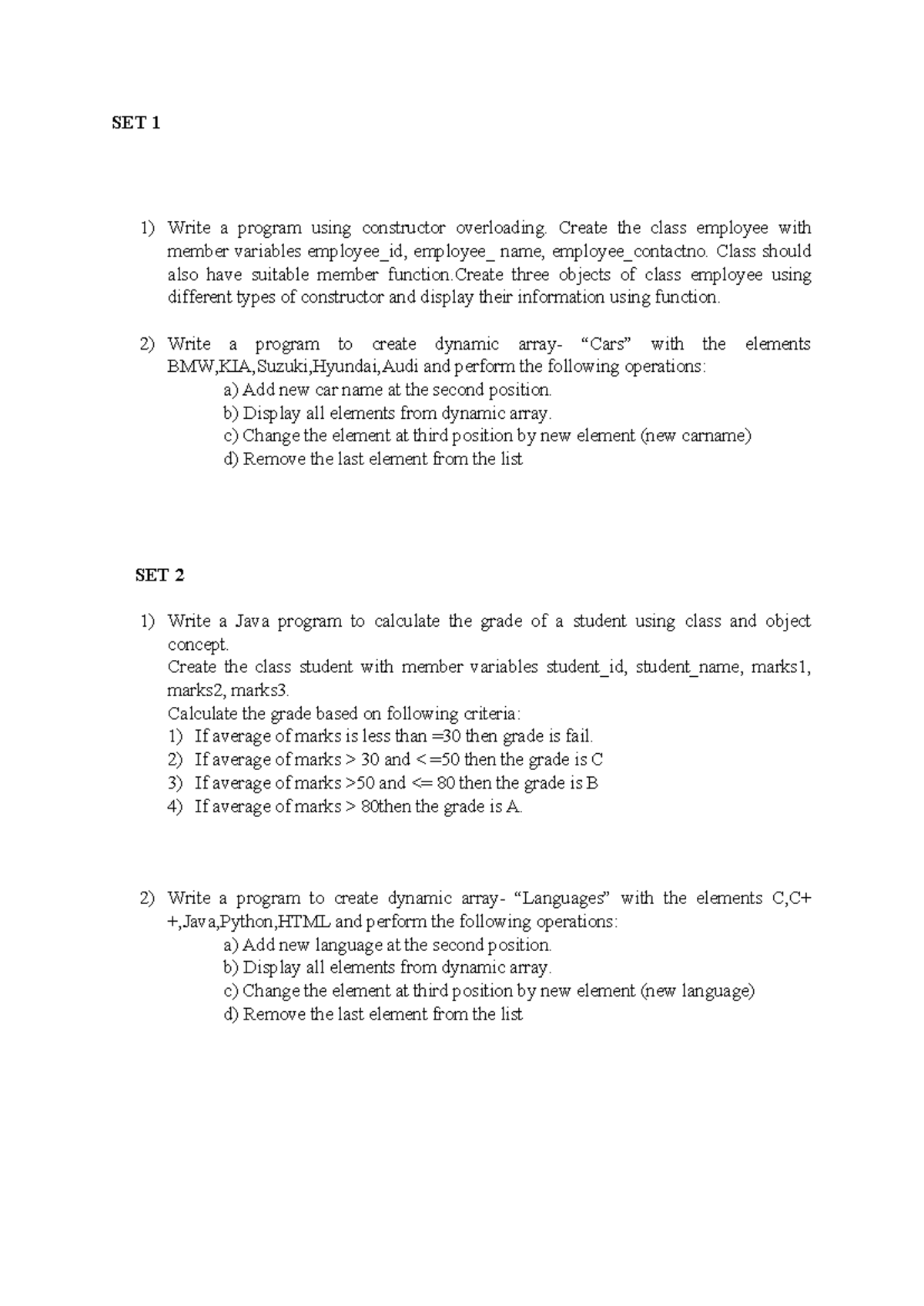 Final Java Questions Lab: Constructor Overloading & Dynamic Arrays (SET 1-10) - Studocu