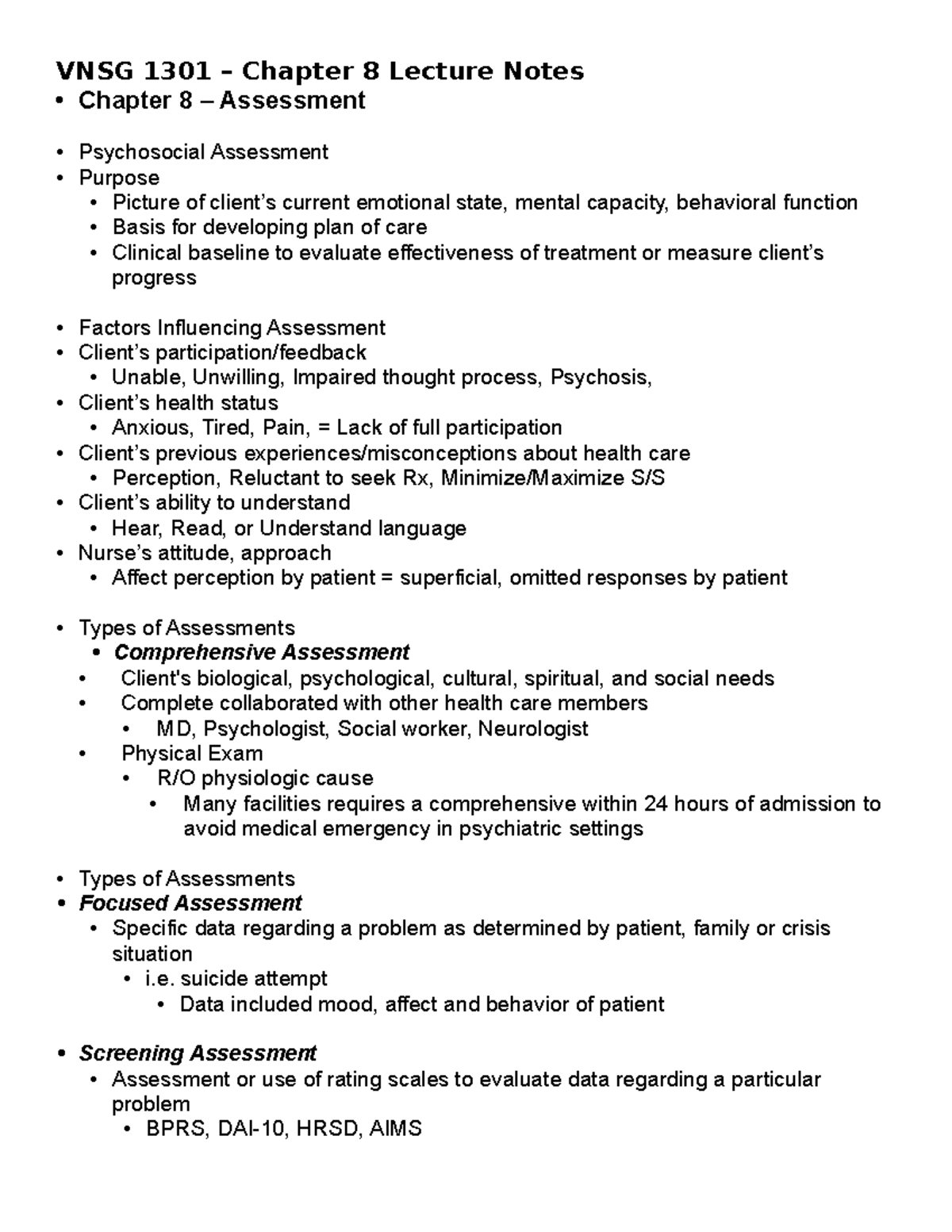 VNSG 1301 Chapter 8 Lecture Notes: Psychosocial Assessment Overview ...