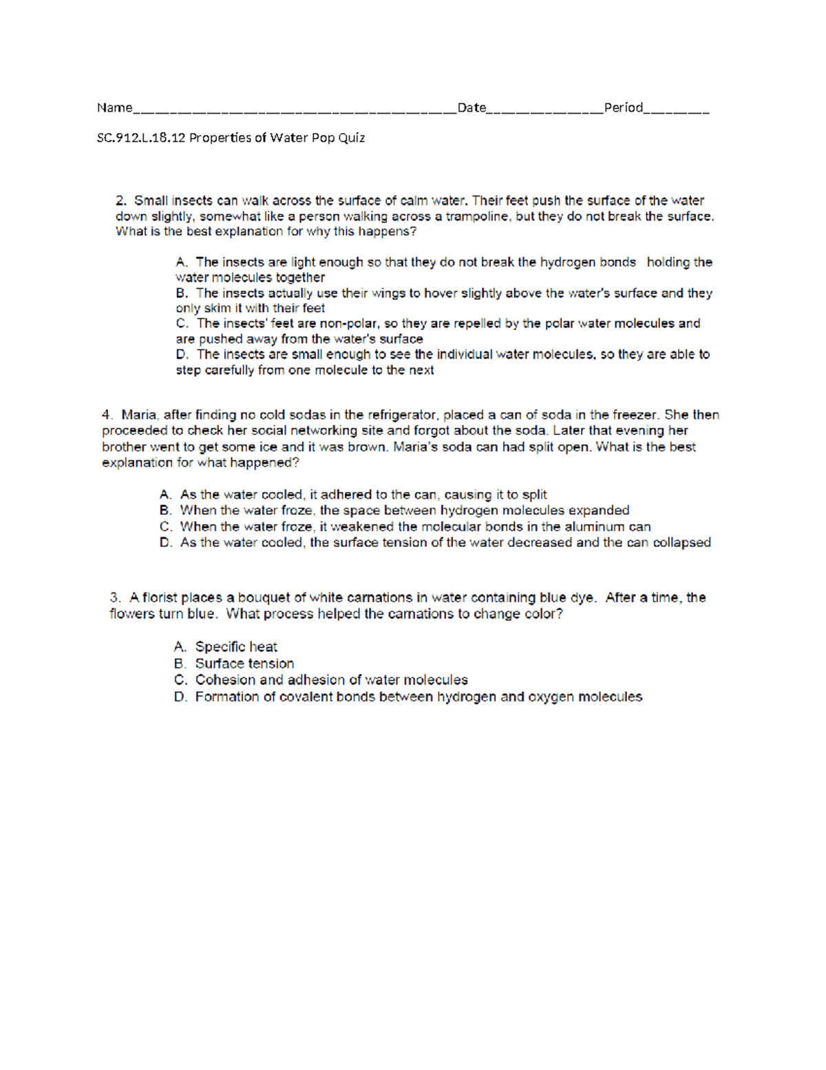 Properties of Water Quiz - Name Date Period SC.912.L.18 Properties of ...