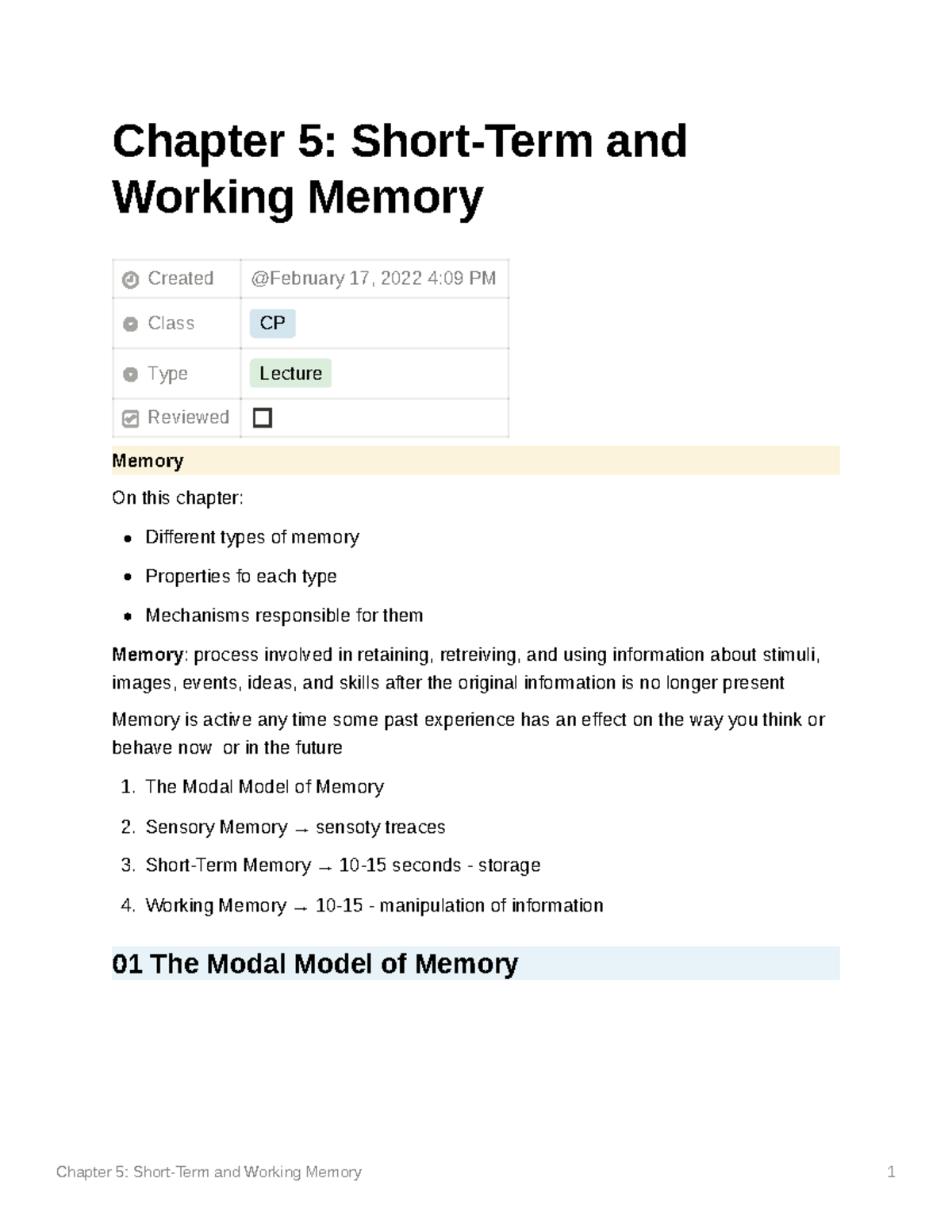 Chapter 5 Short-Term and Working Memory - Chapter 5: Short-Term and Working Memory Created Class ...
