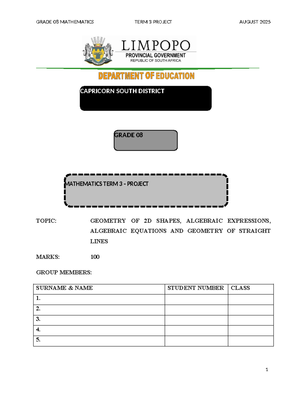 Grade 08 Mathematics Term 3 Project 2025: Geometry & Algebra - Studocu