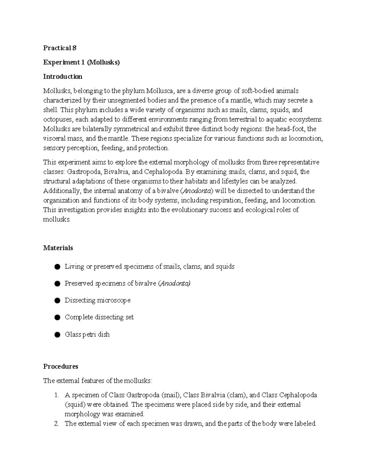 BIO320 Practical 8: Exploration of Mollusks and Annelids Morphology ...