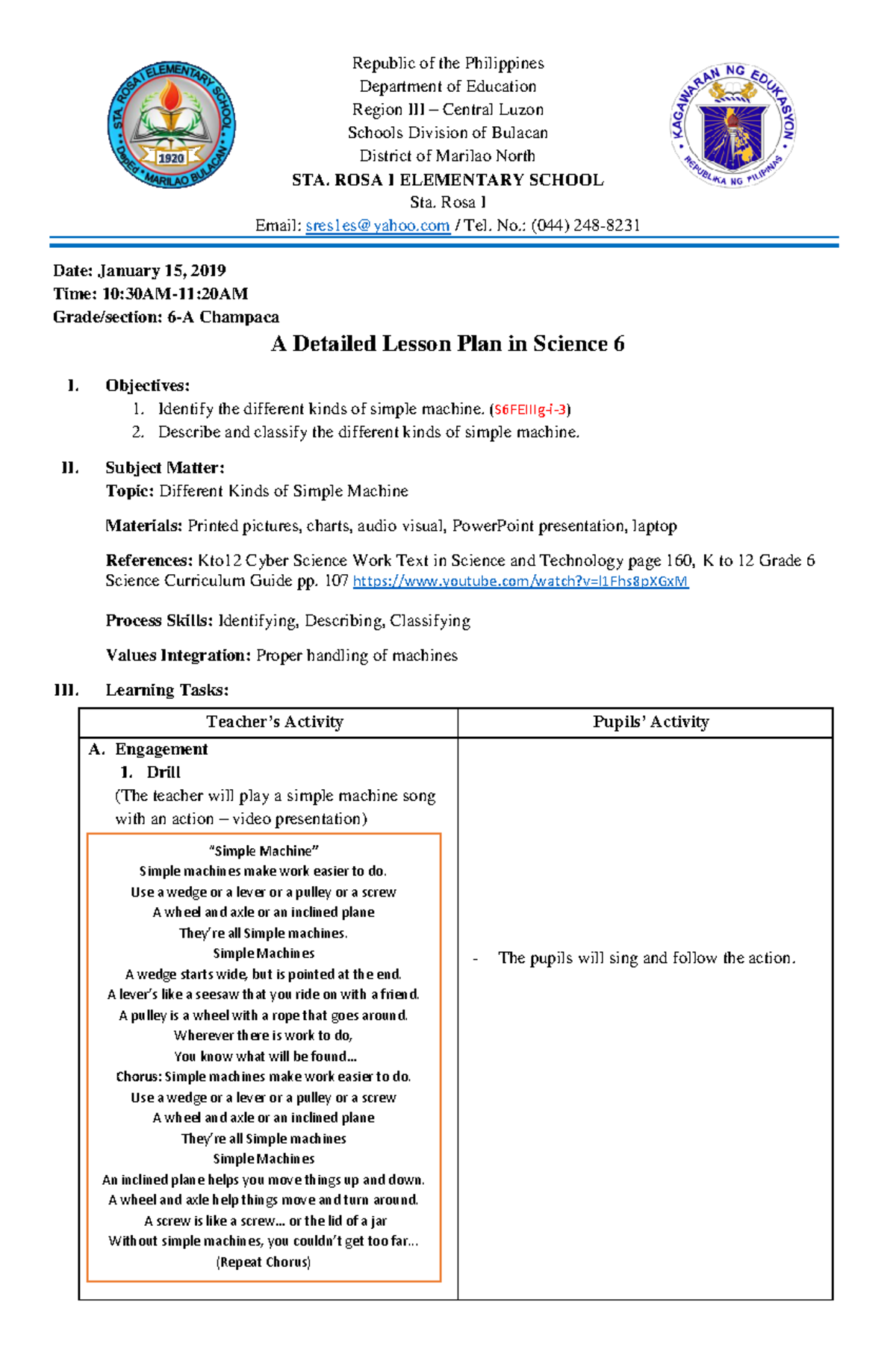 Detailed Lesson Plan for Science 6: Exploring Simple Machines - Studocu