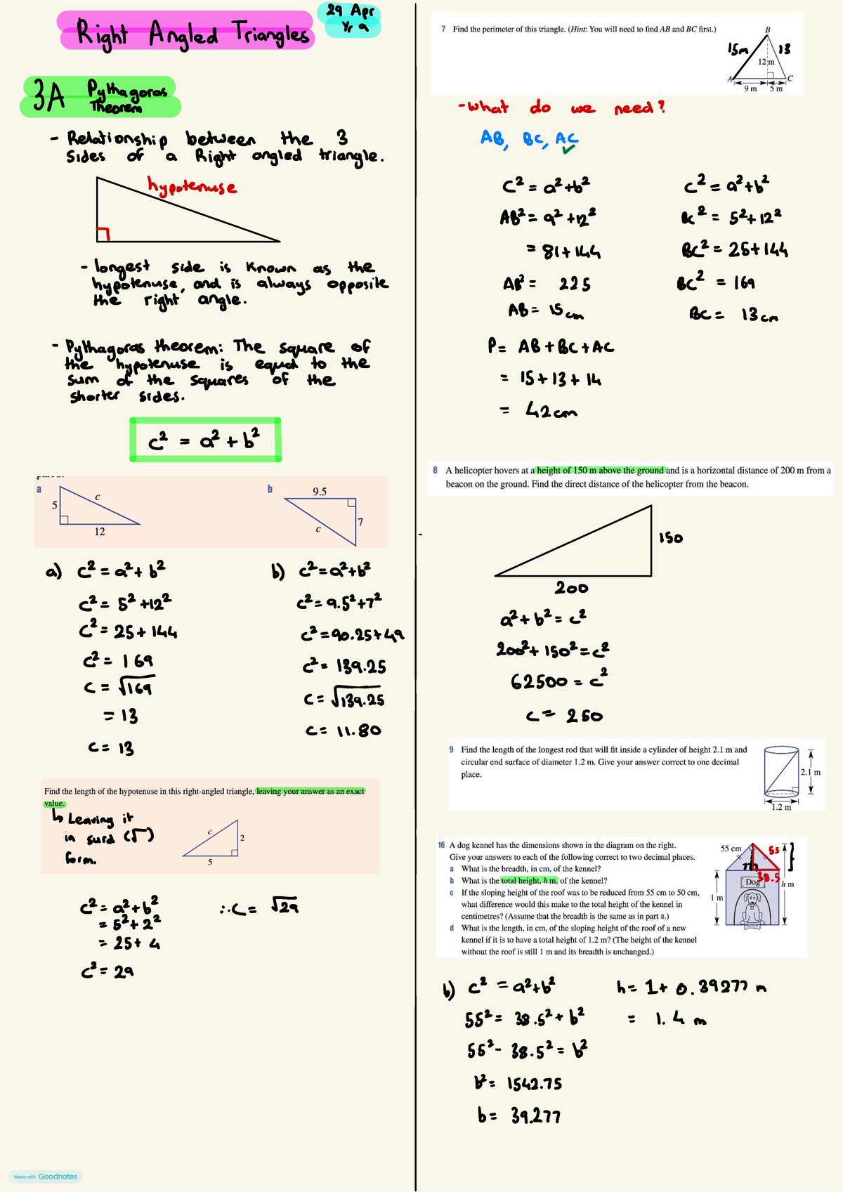 Pythagorean Theorem & Right Angled Triangles - Math 3A Notes - Studocu