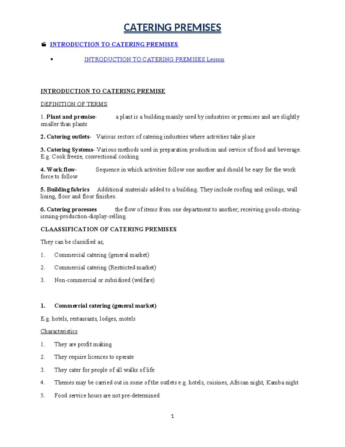 CATERING PREMISES (CP101) Lesson Notes on Definitions and ...