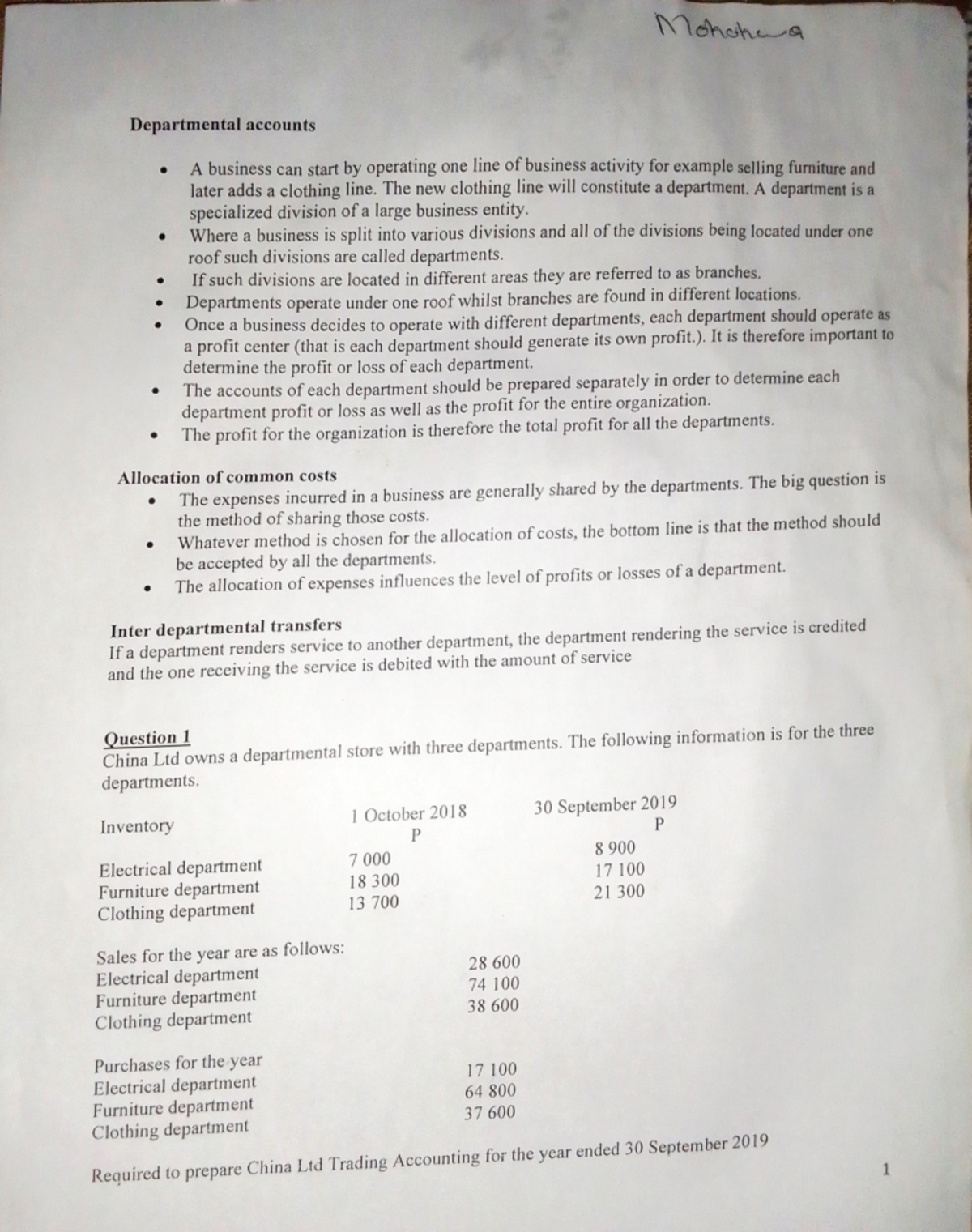 Acc 205 - Departmental Accounts Notes and Practical Questions - Studocu