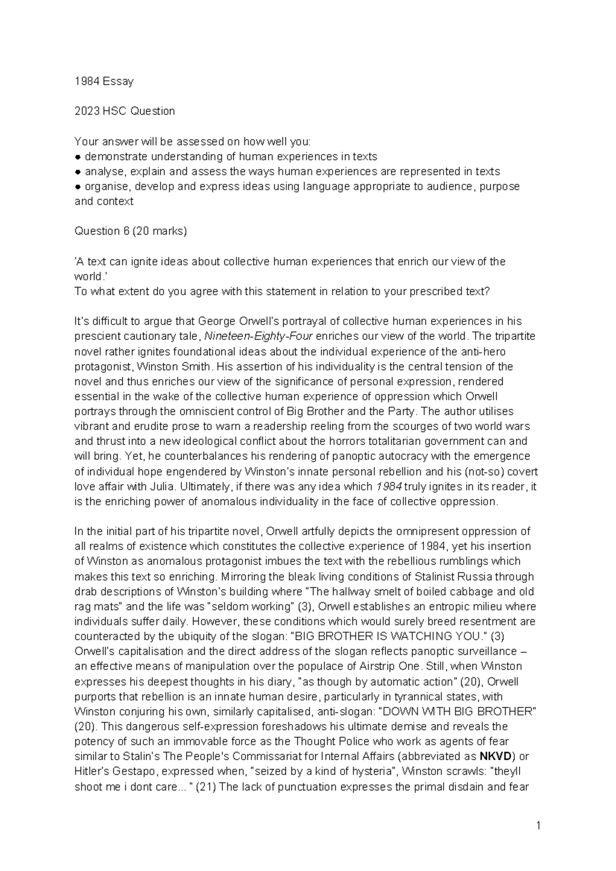 1984 Essay Analysis: Human Experience & Individuality in HSC 2023 - Studocu