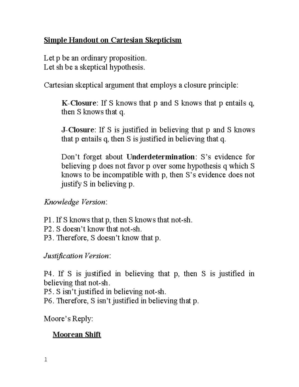 Handout on Cartesian Skepticism & Epistemic Arguments - Studocu