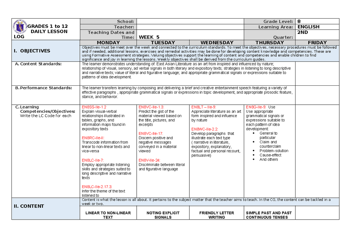DLL-ENG8-2NDQ-Weekly Lesson Plan for Grade 8 English - Studocu