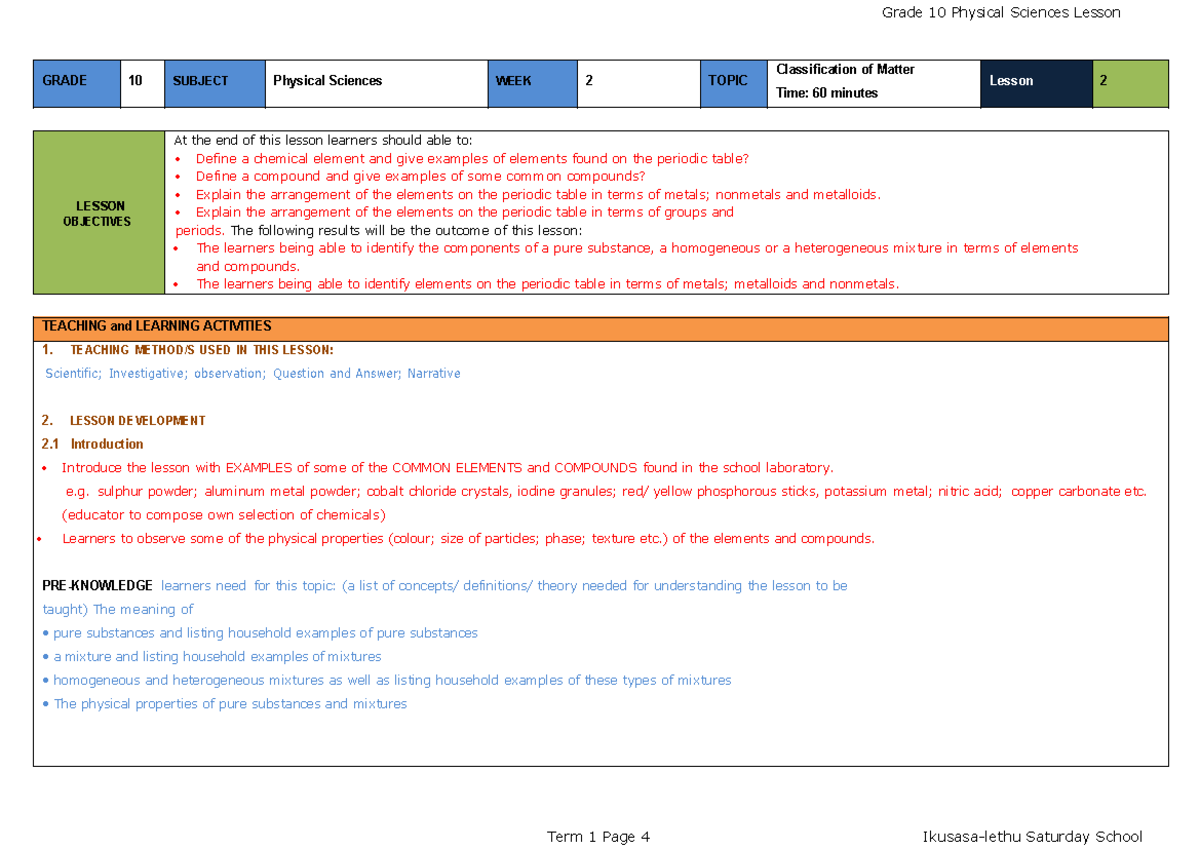 Grade 10 Physical Sciences Lesson 2: Classification of Matter - Studocu