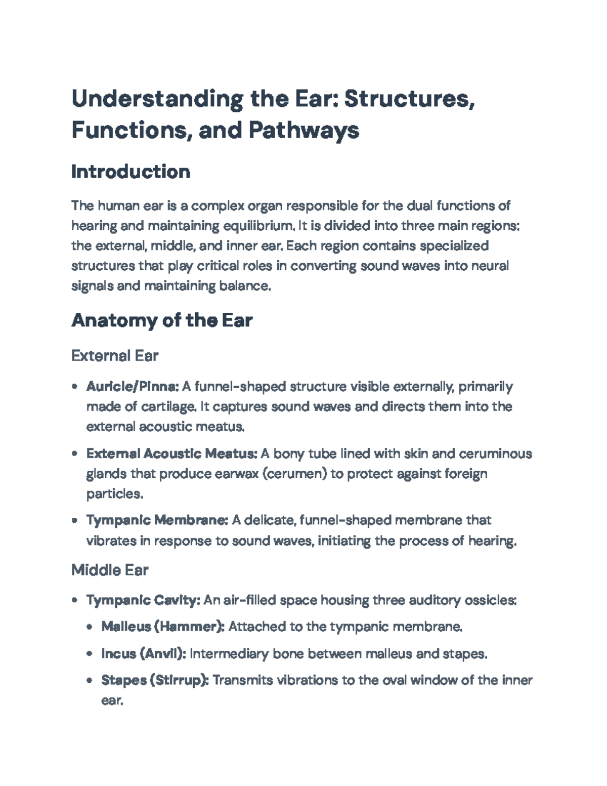 Anatomy & Functions of the Human Ear: Hearing & Balance Mechanics - Studocu