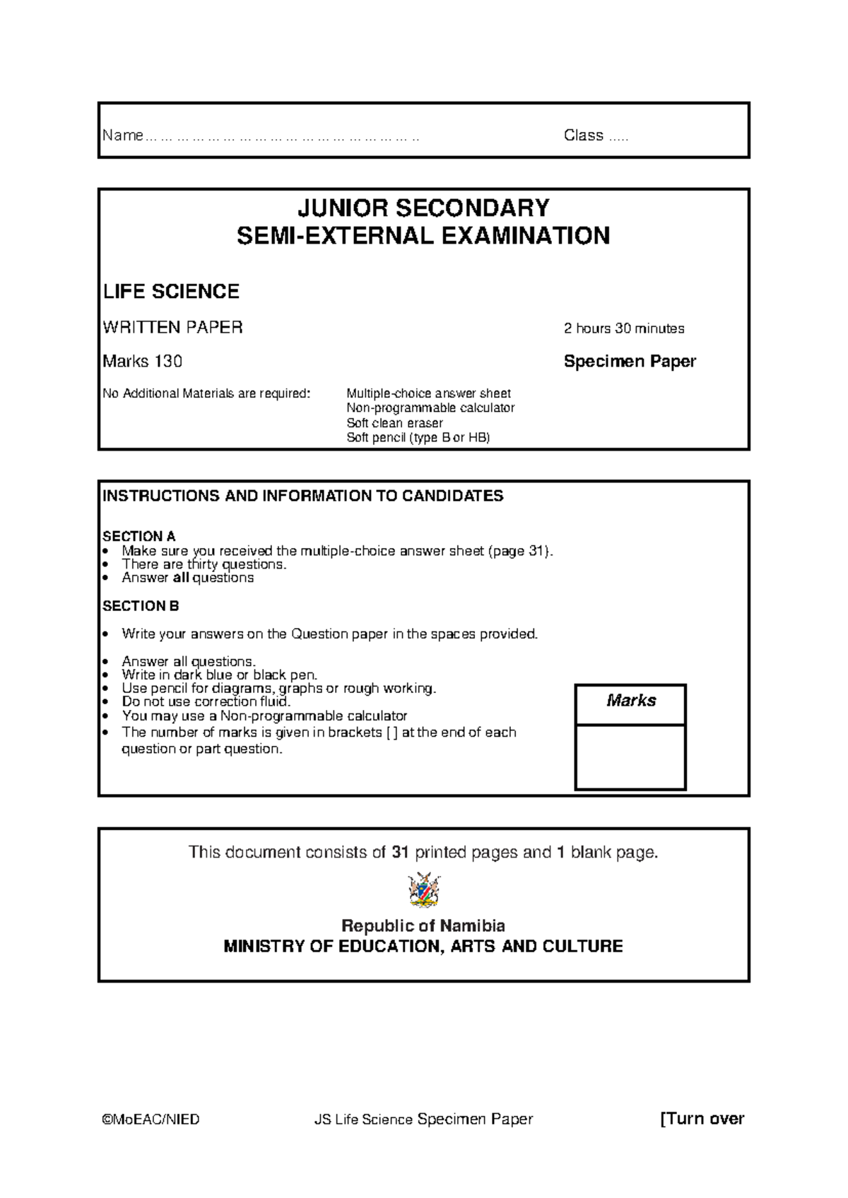JS Life Science Specimen Paper Grade 9: Semi-External Exam Guide - Studocu